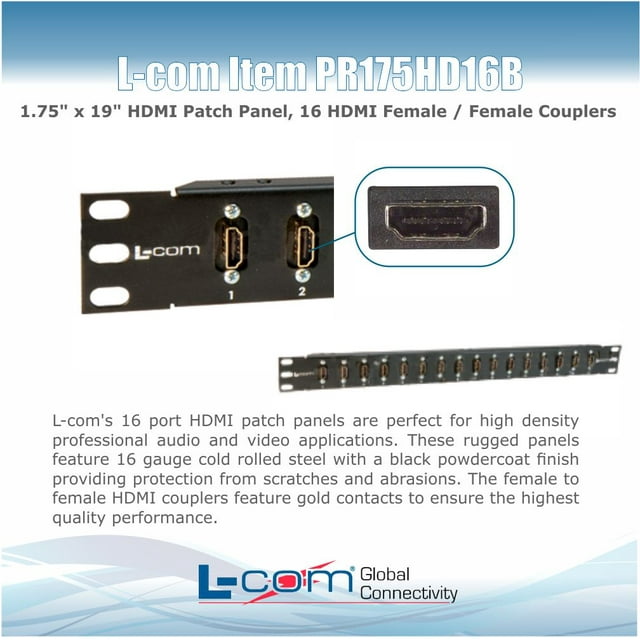 L-com PR175HD16B 1.75" x 19" HDMI Patch Panel, 16 HDMI Female / Female ...