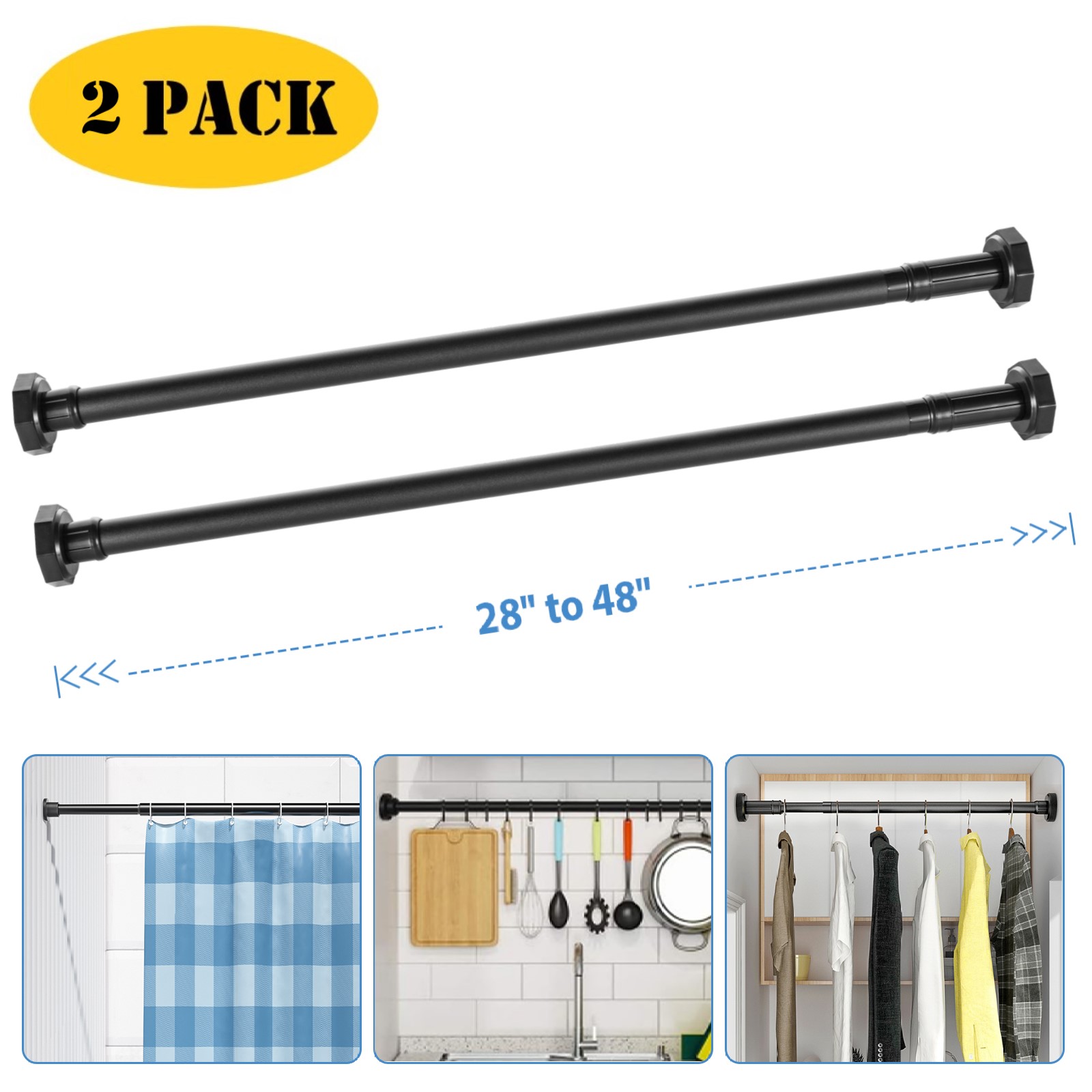 28"-48" Adjustable Tension Rod, Rust-Proof Hanging No Drilling Cabinet ...