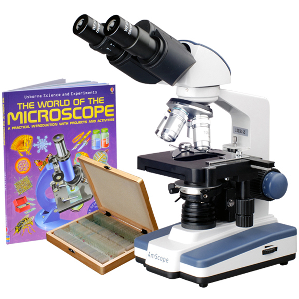 AmScope 2500X LED Binocular Compound Microscope w 3D-Stage, Book & 100 ...