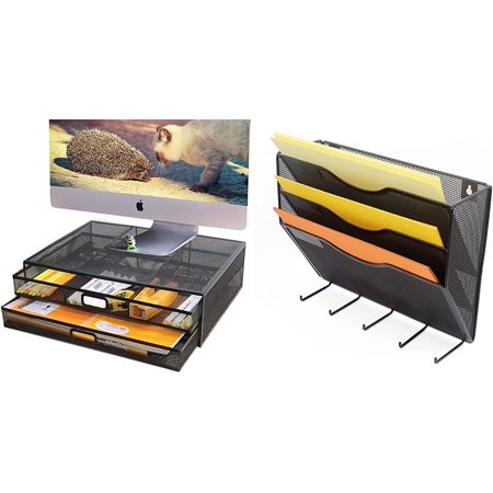Monitor Stand Riser with Drawer and 3 Tier Mesh Wall File Holder ...