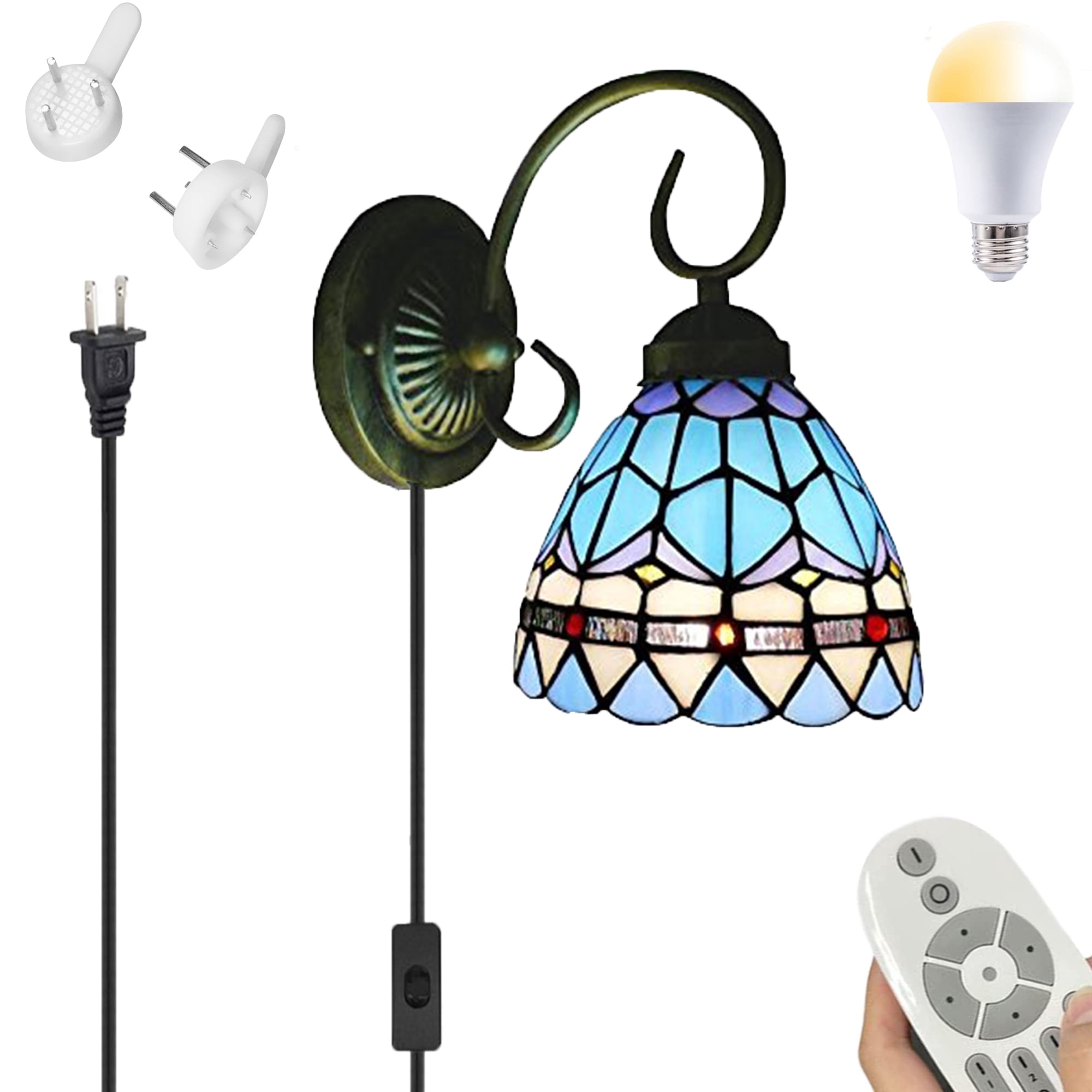 FSLiving Plug-in Wall Sconce with Remote Control Tiffany Style Wall ...