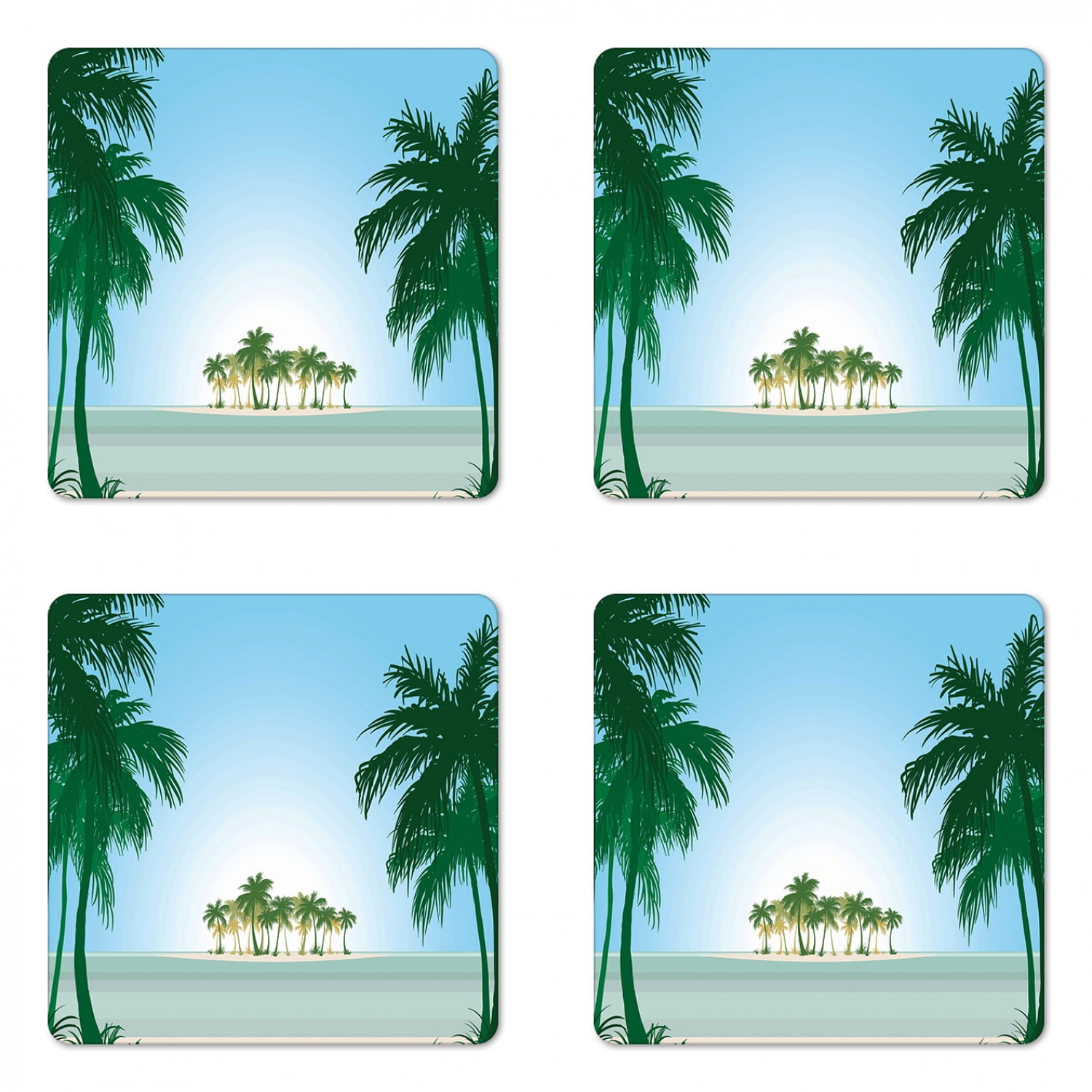 Tropical Coaster Set of 4, Beach Island with Exotic Palm Trees Under ...