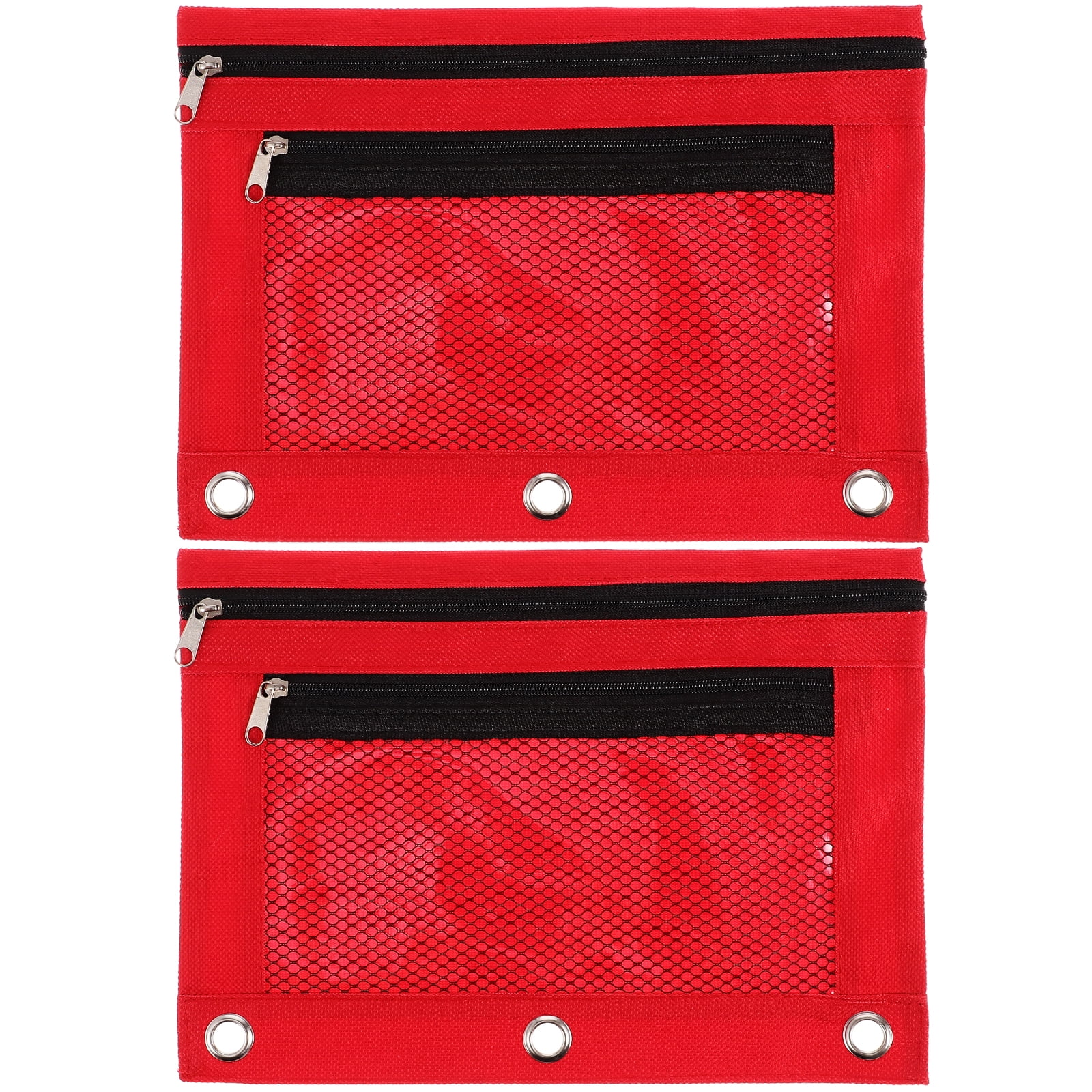 2pcs Binder Pencil Pouches Zipper Pencil Cases Three Holes Pencil Pouches Mesh Design Stationery