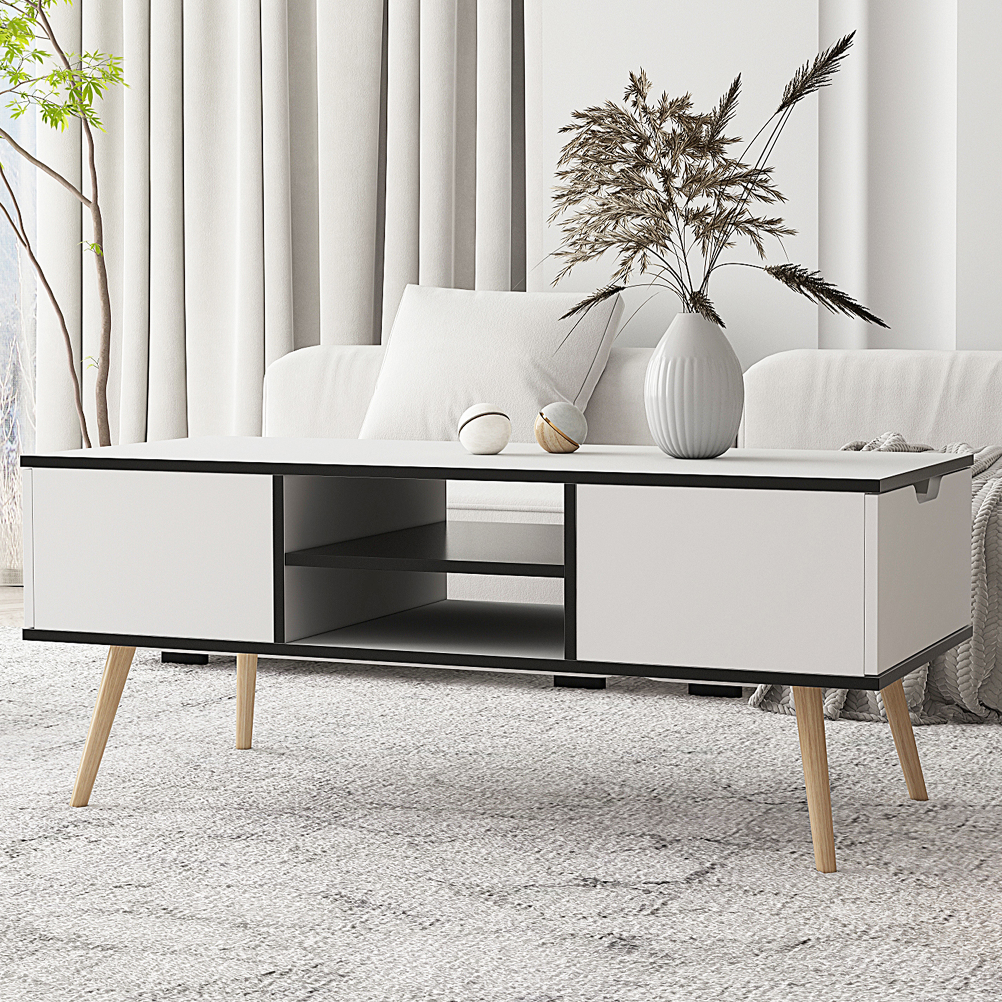 HSUNNS Modern Coffee Table, Wooden Console Table with Open Storage ...