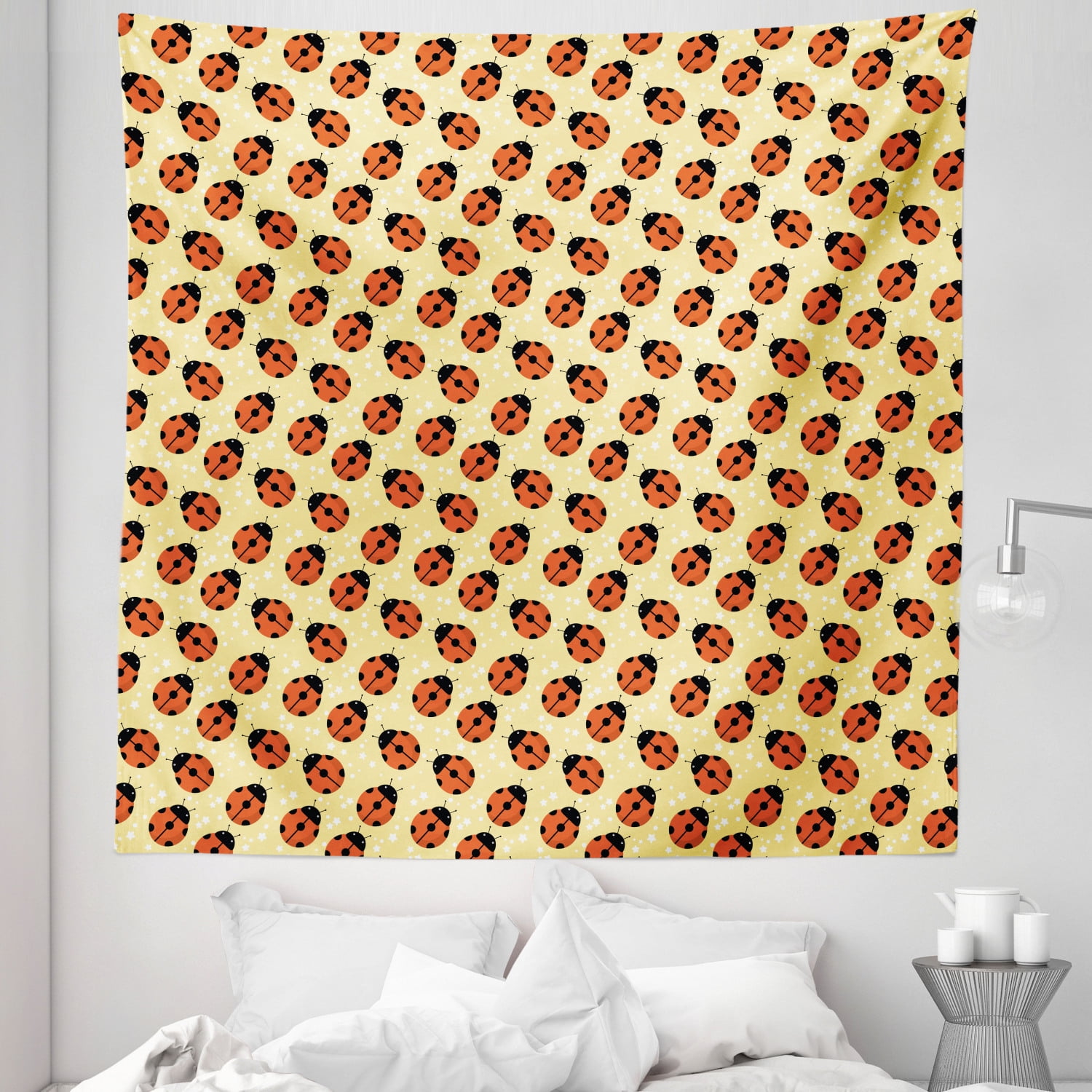 Ladybugs Tapestry, Bugs Cartoon Style Stars Polka Dots Nature ...