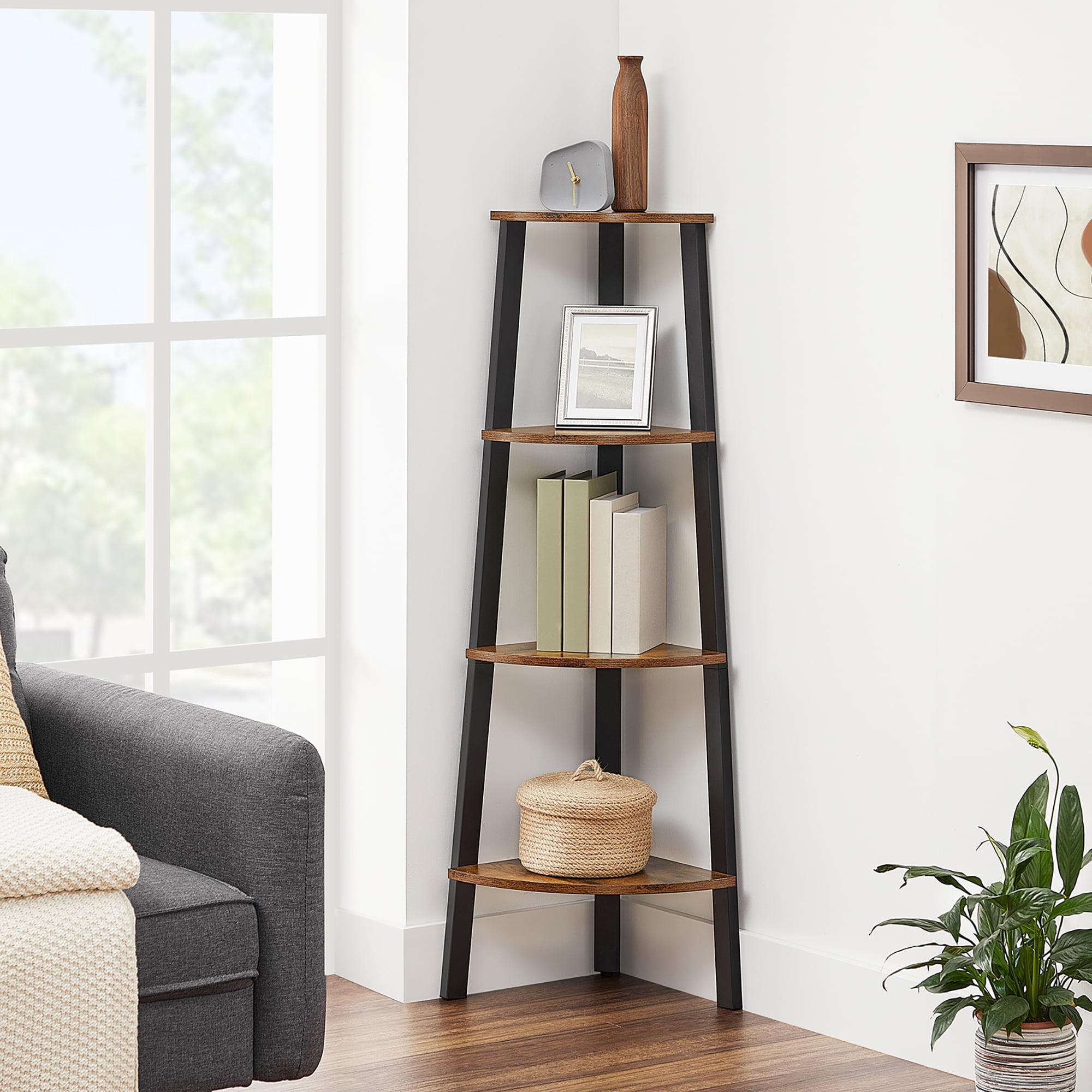 VASAGLE Corner Shelf Stand, 4-Tier Corner Bookshelf, Industrial Ladder ...