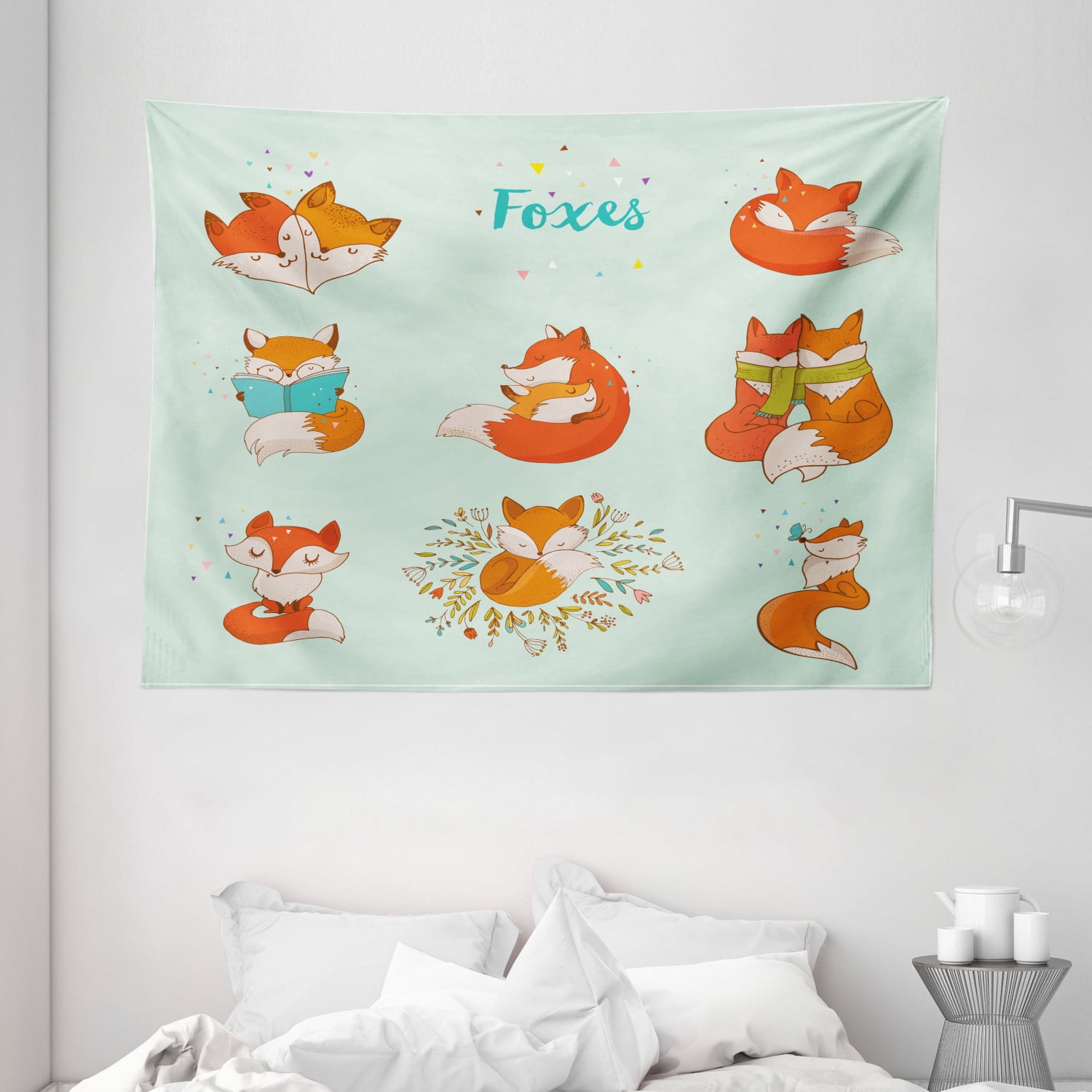 Fox Tapestry, Lovely Fox Characters Sleeping Reading Romantic Couple ...