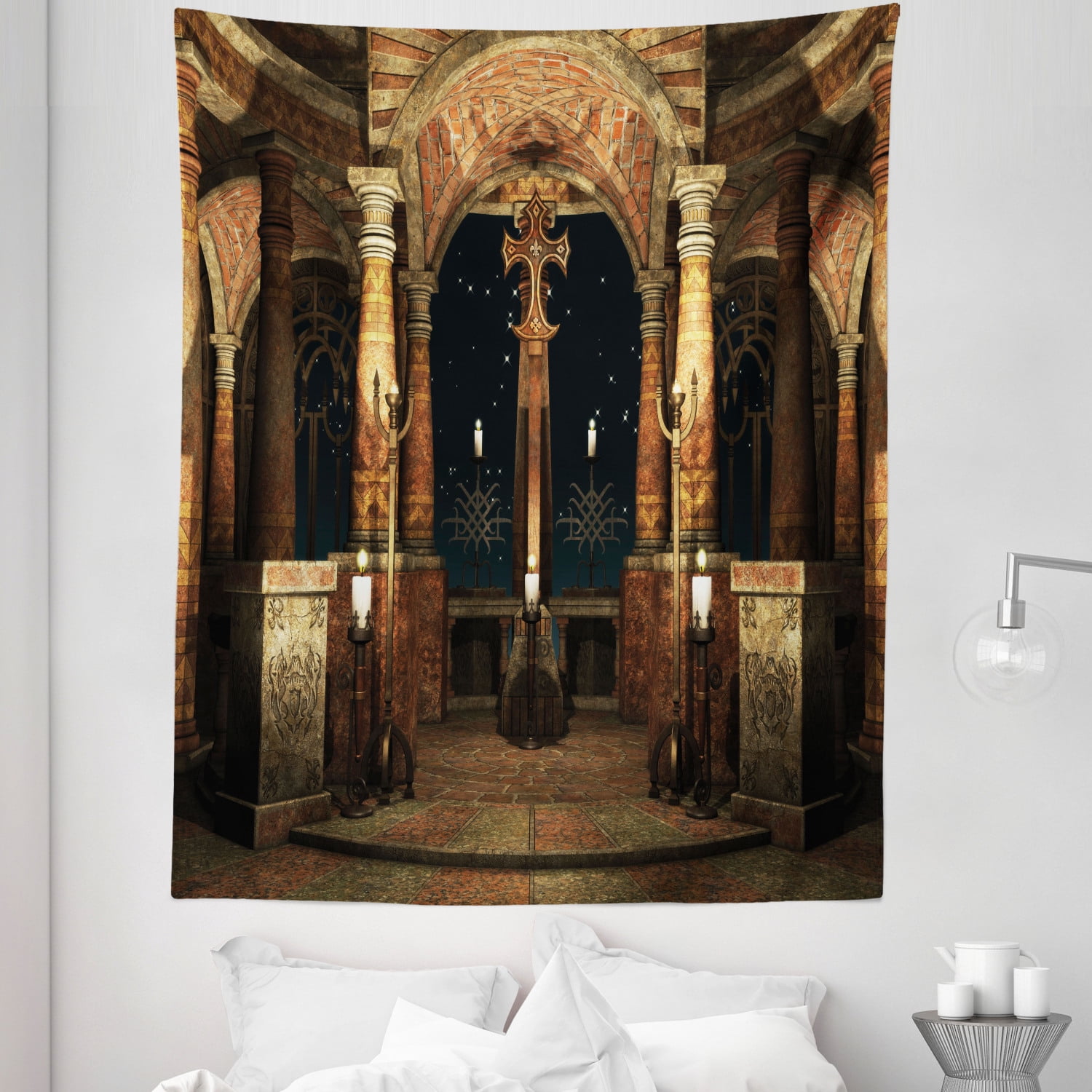Gothic Tapestry, Dark Mystic Hall with Pillars and Dome Shrine Building ...