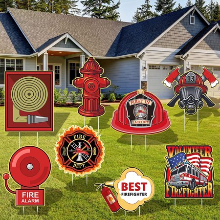 8 Pieces Firefighter Theme Party Yard Sign Outdoor Lawn Decorative Yard ...