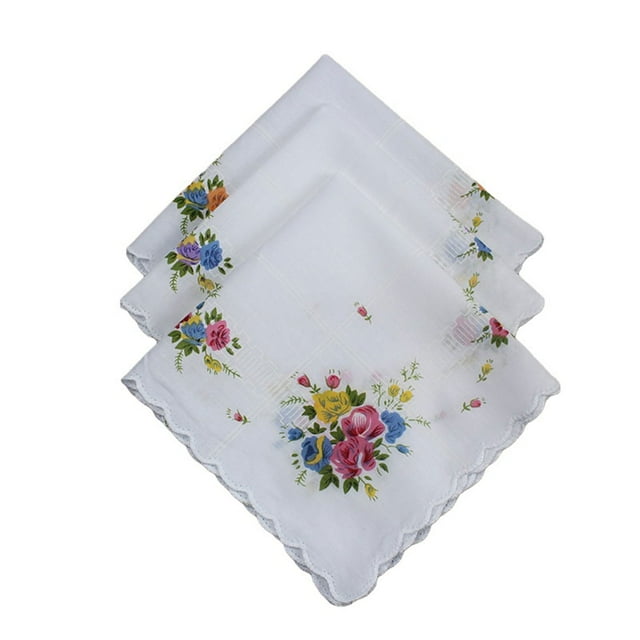 QUSENLON 3pieces Women Wavy Edge Cotton Handkerchiefs Flower ...
