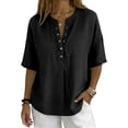 Women's Henley Half Button Placket V-Neck Cotton Linen Shirt ...