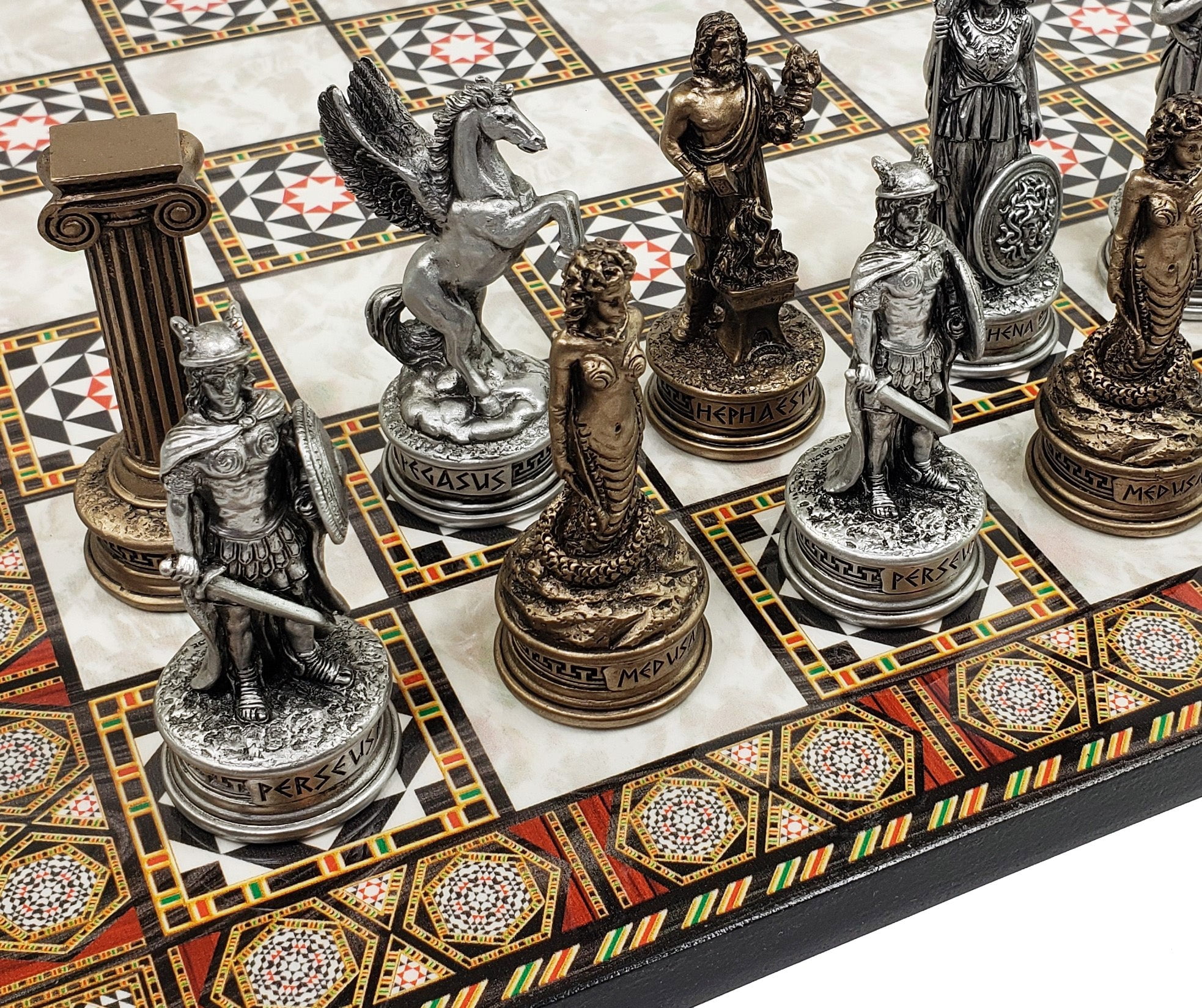 Greek Mythology Olympus Gods Chess Set Pewter Bronze Color17" Mosaic ...