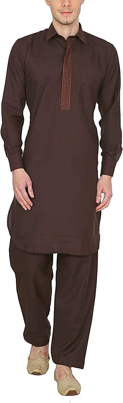 Royal Men's Traditional Neck Thread Embroidered Blended Pathani Suit ...