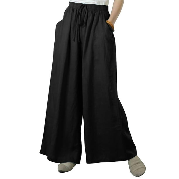 Lilylll Plus Size Womens Cotton Linen Drawstring Elastic Waist Wide Leg