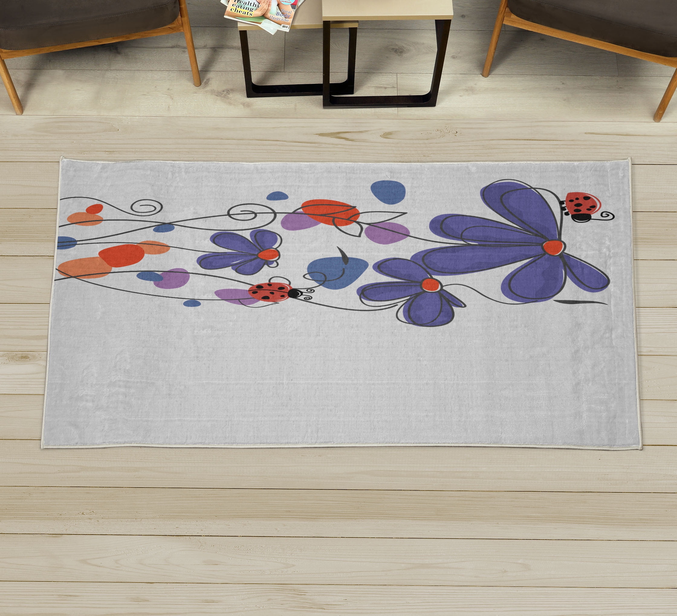 Spring Decorative Rug, Flowers Oval Dome-Shaped Ladybugs Illustration ...