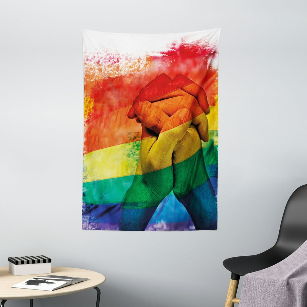 Pride Tapestry Hands Of Young Men Put Together On Abstract Lgbt Parade