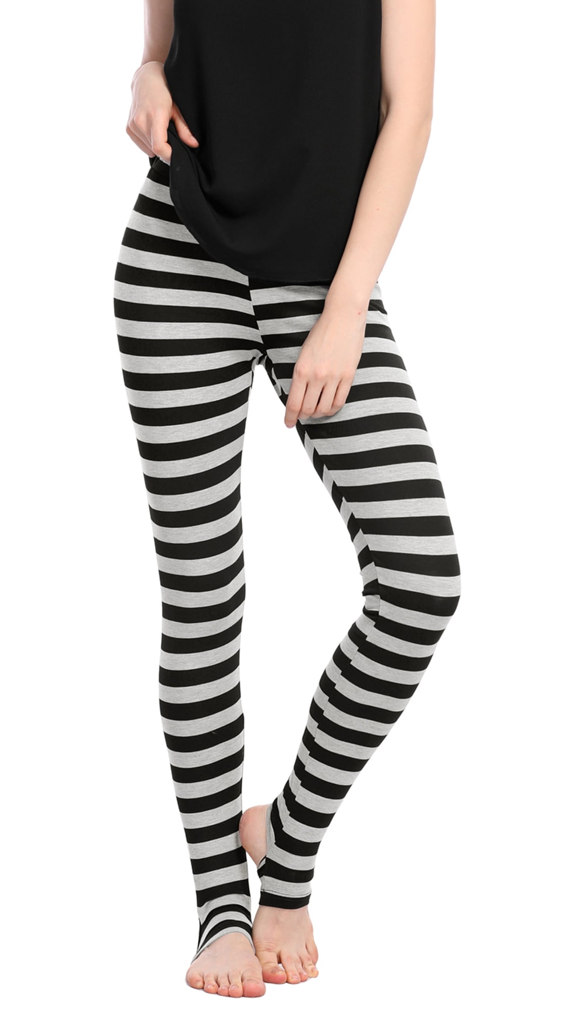 Womens Striped Elastic Waistband Knit Stirrup Leggings Black Size Xs