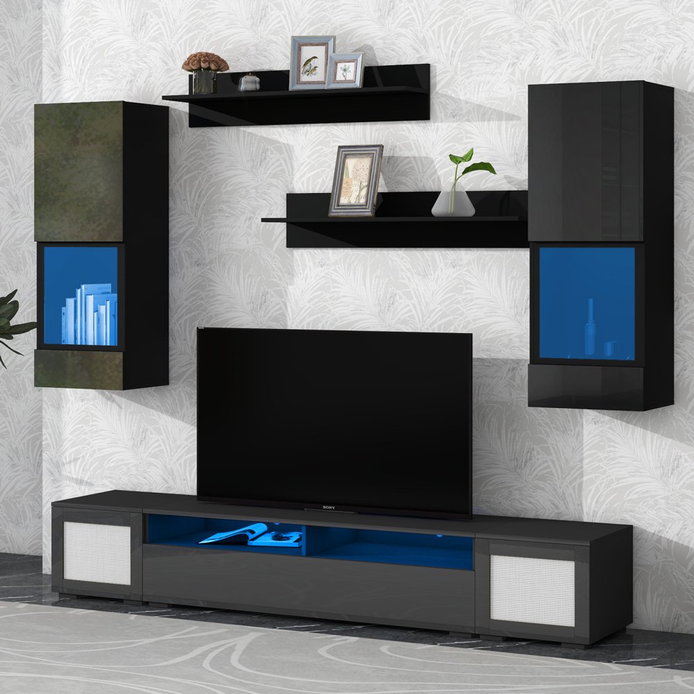 GZXS 7 Pieces Floating TV Console Table Set for TVs Up to 90", Rattan ...
