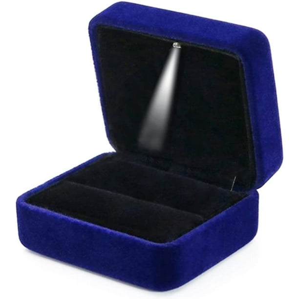 (Blue)Velvet Ring Box with LED Light Ring Box for Wedding, Proposal ...