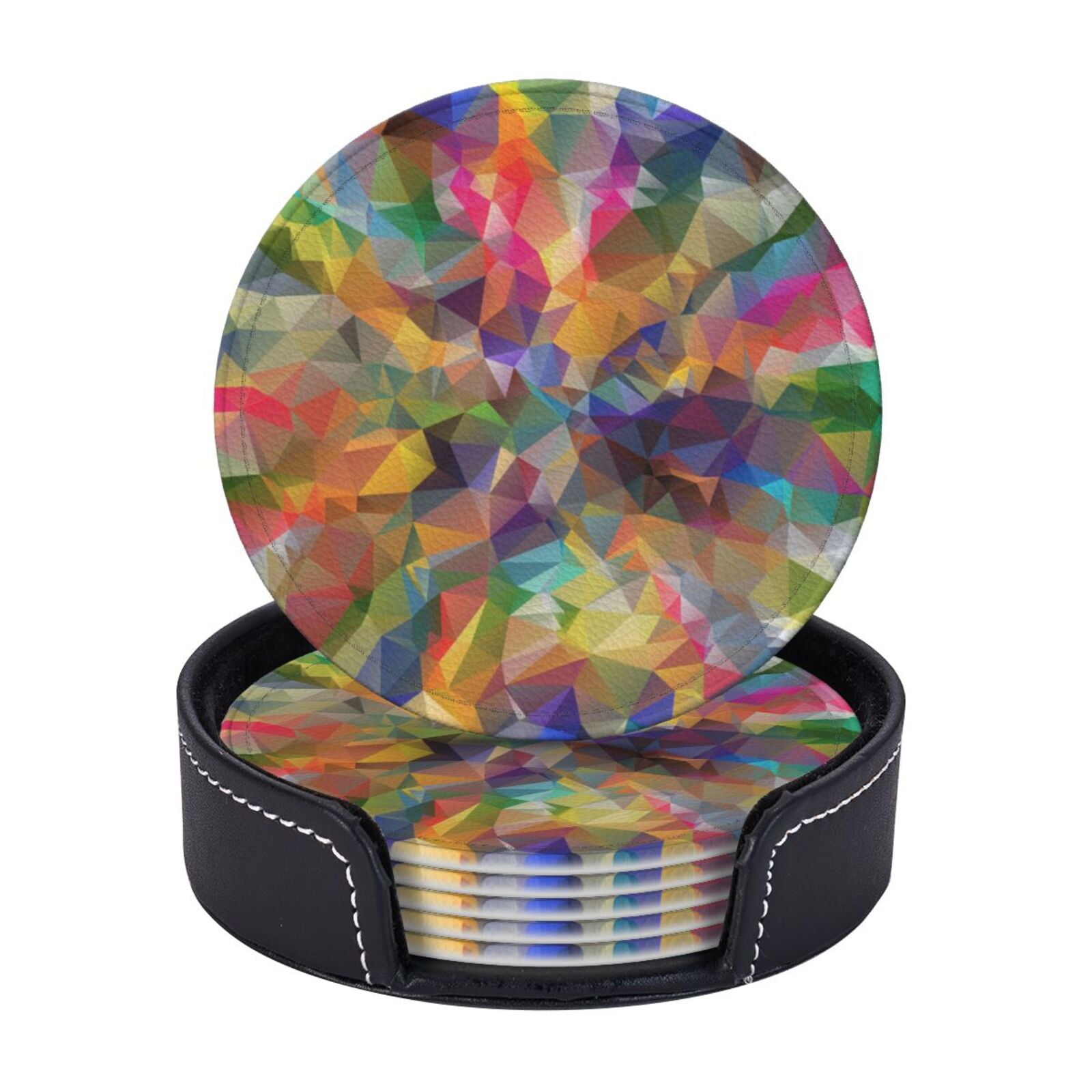 LNWH Coasters, Psychedelic Geometric Polygon Leather Round Coasters Set ...