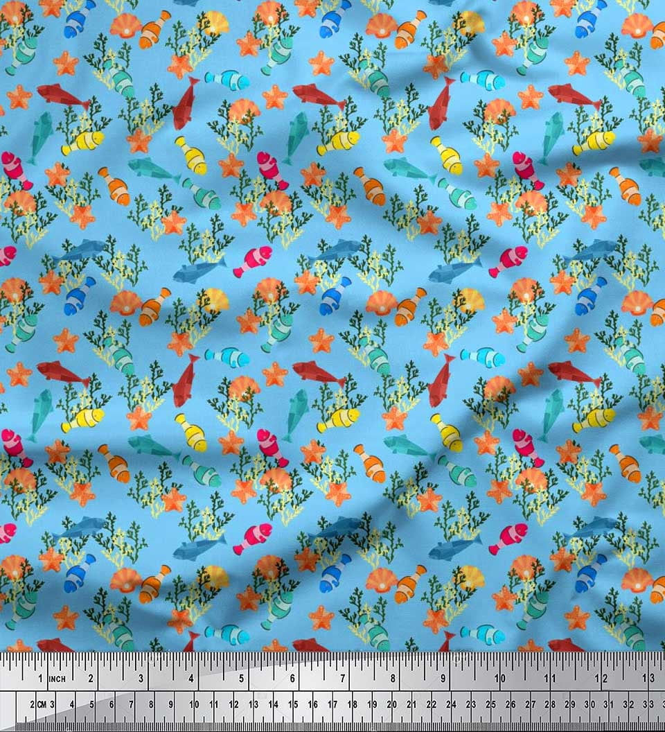 Soimoi Satin Silk Fabric Coral,Shell & Fish Ocean Print Fabric by The ...
