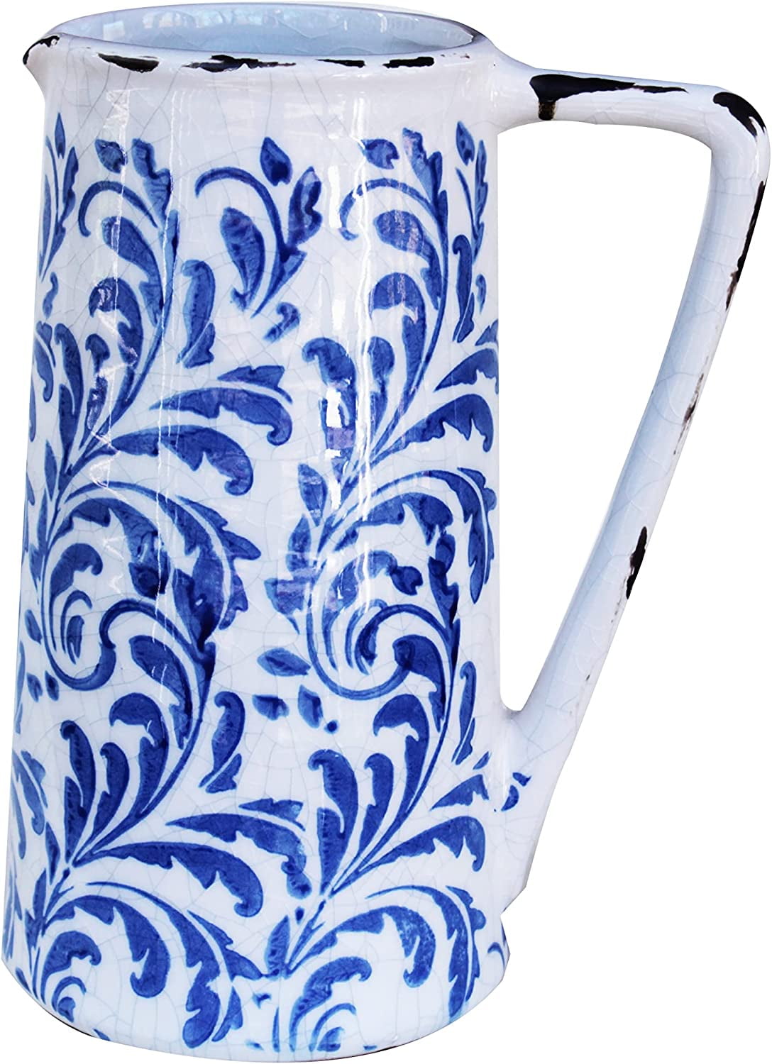 Ceramic Blue and White Floral Pitcher or Vase (Blue and White-Feather ...