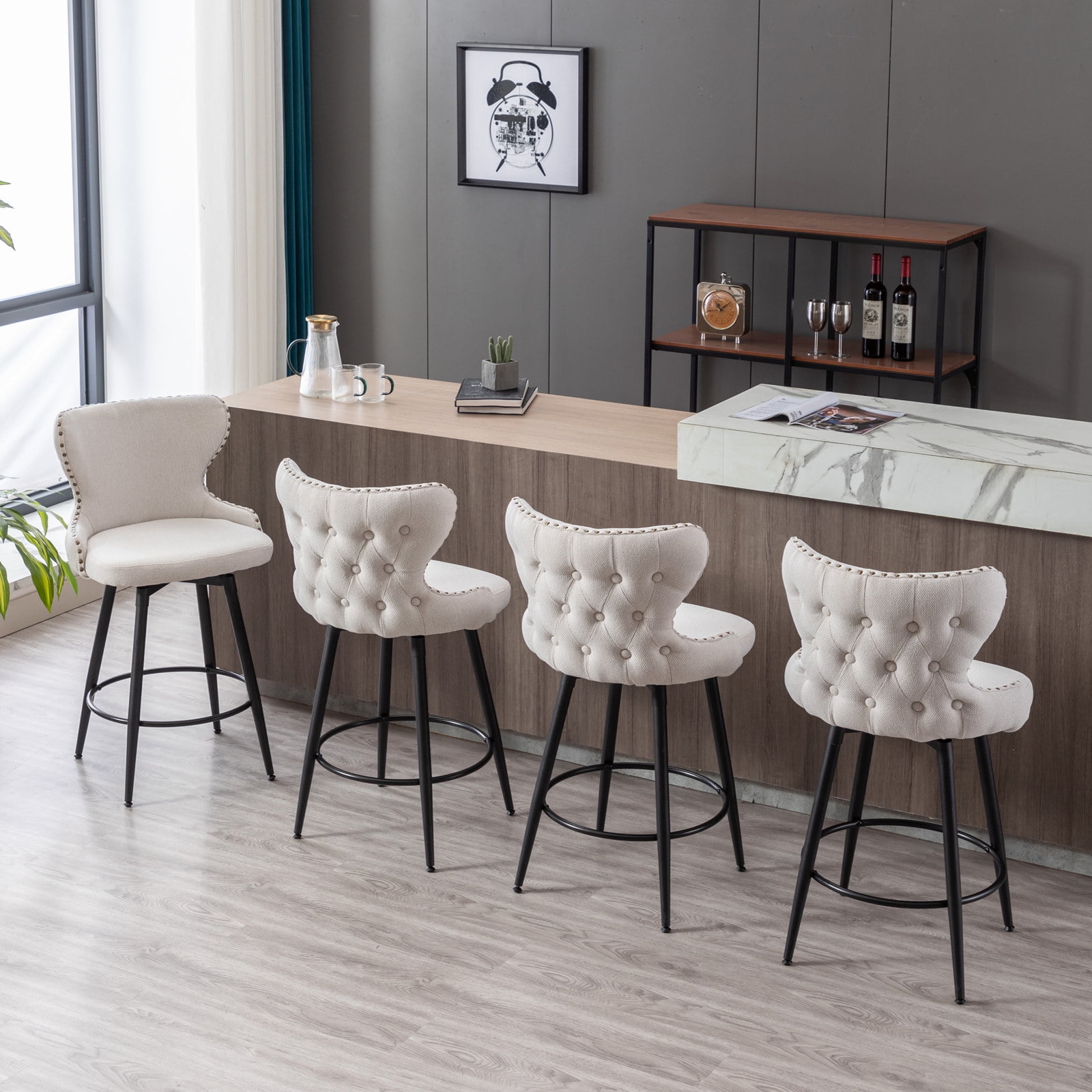 Linen Fabric Counter Height Bar Stools with 180°Swivel, Tufted ...