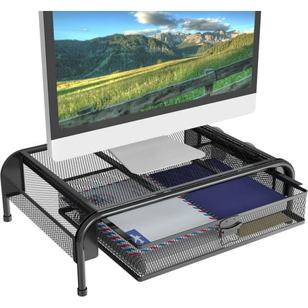 Metal Mesh Monitor Riser Desktop Stand with Drawer and Side Storage ...