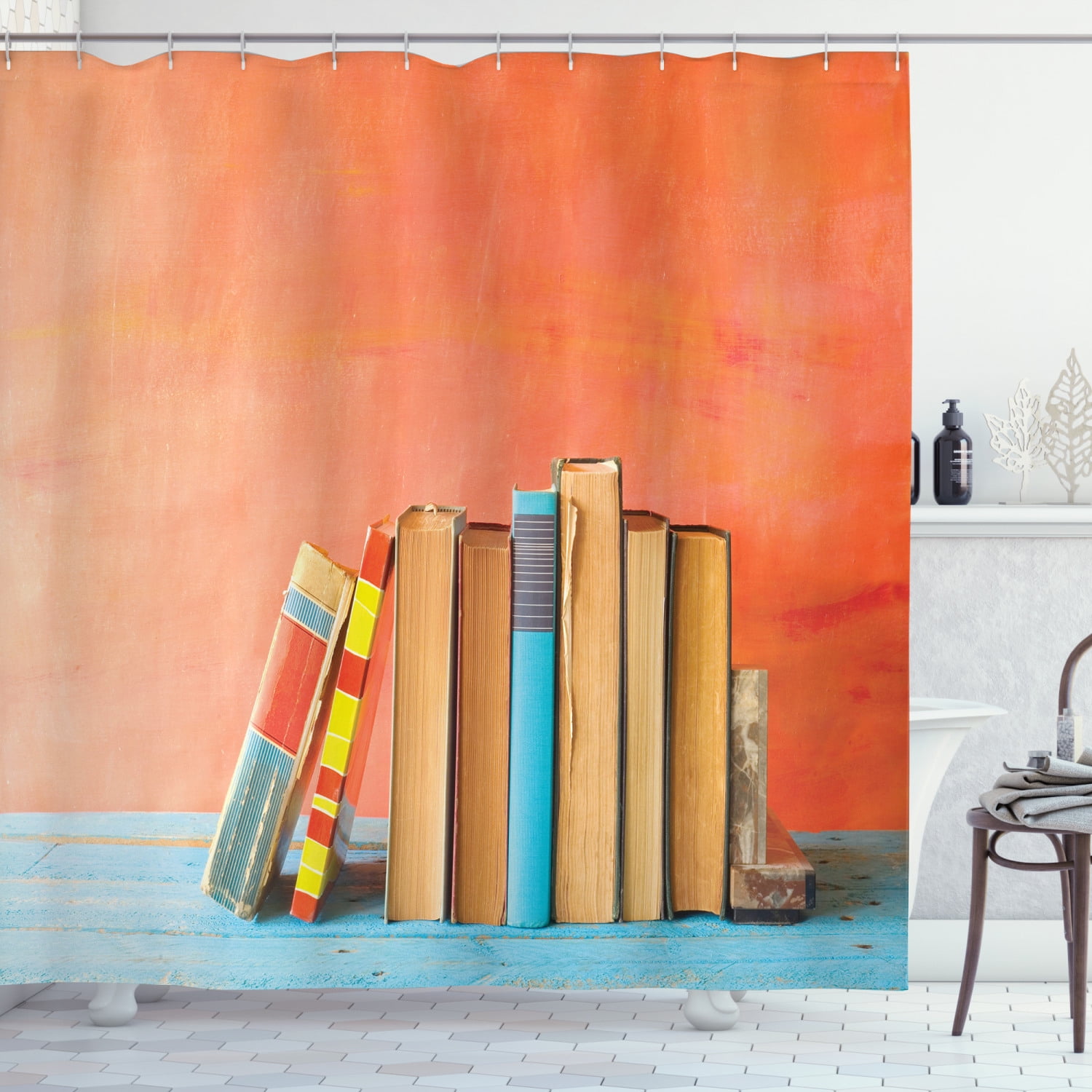 Library Shower Curtain, Grunge Painted Backdrop Photo with Row of Old ...