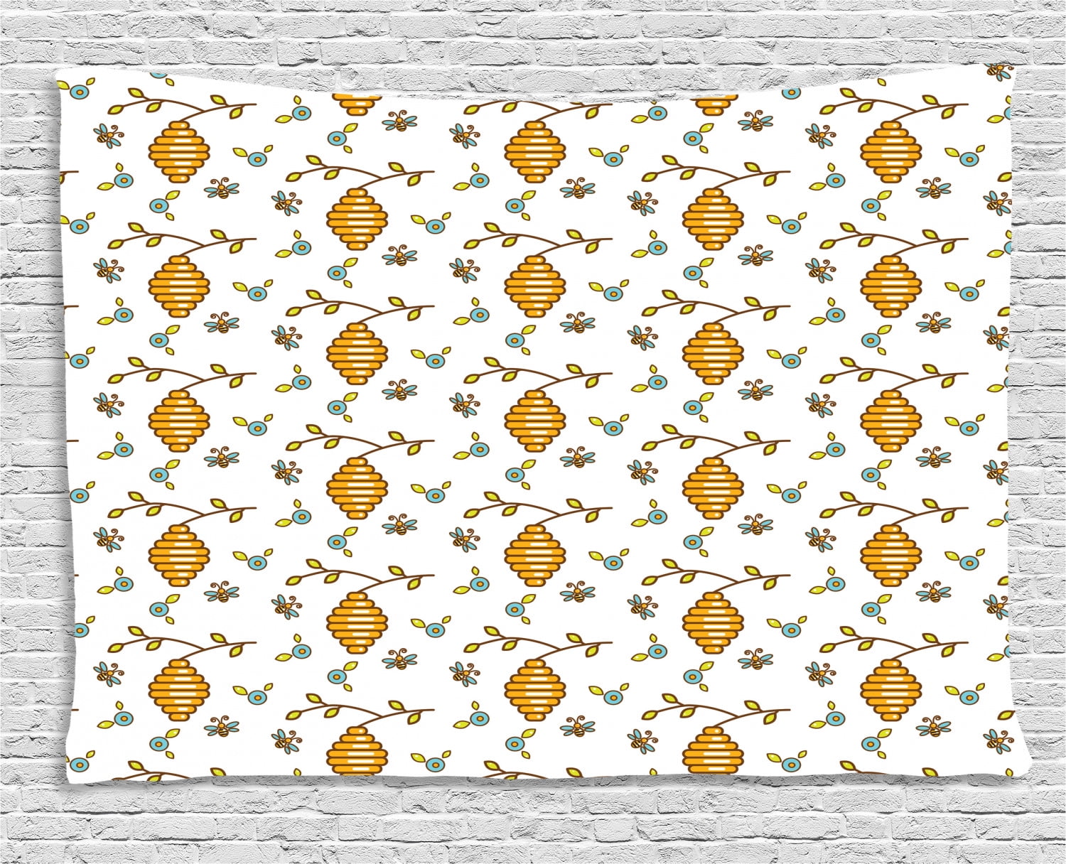 Bee Tapestry, Graphic Illustration of Vespiary Flowers Petals and Bees ...