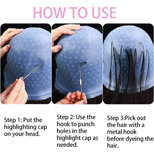 Punched Hole Highlight Cap and Hook Kit Reusable Silicone Hair Highlighting Cap with Holes for Highlights DIY Dyeing Highlight Cap Hook Hairdressing