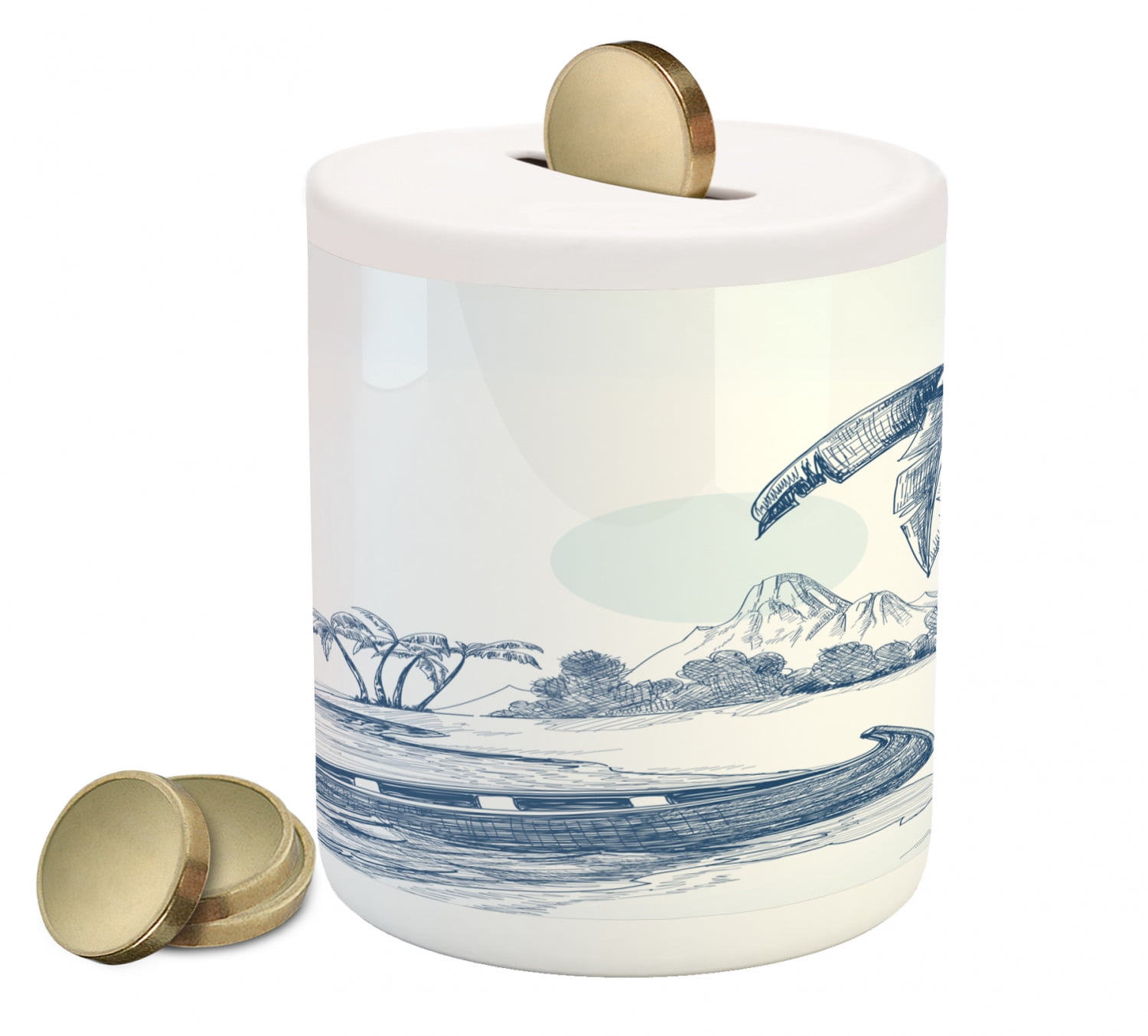 Vintage Boat Piggy Bank, Hand Drawn Beach with a Ship on Shore Palm ...
