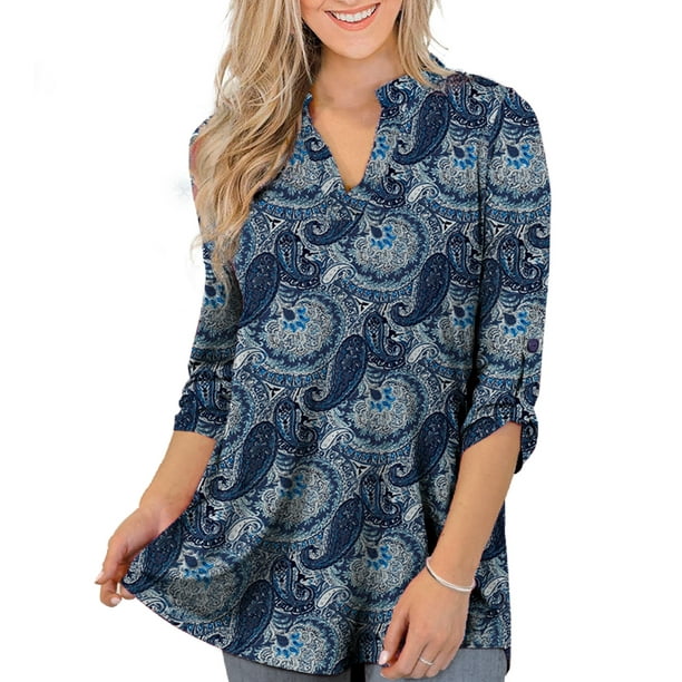 Letdiosto Womens Plus Size Shirts 3 4 Roll Sleeve V Neck Floral Flowy