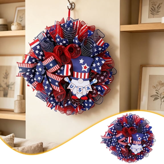 4th of July Patriotic Wreath, Deco Mesh Wreath with America Sign and ...