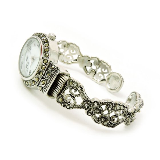 STC - Silver Black Vintage Style Marcasite Crystal Oval Face Women's ...