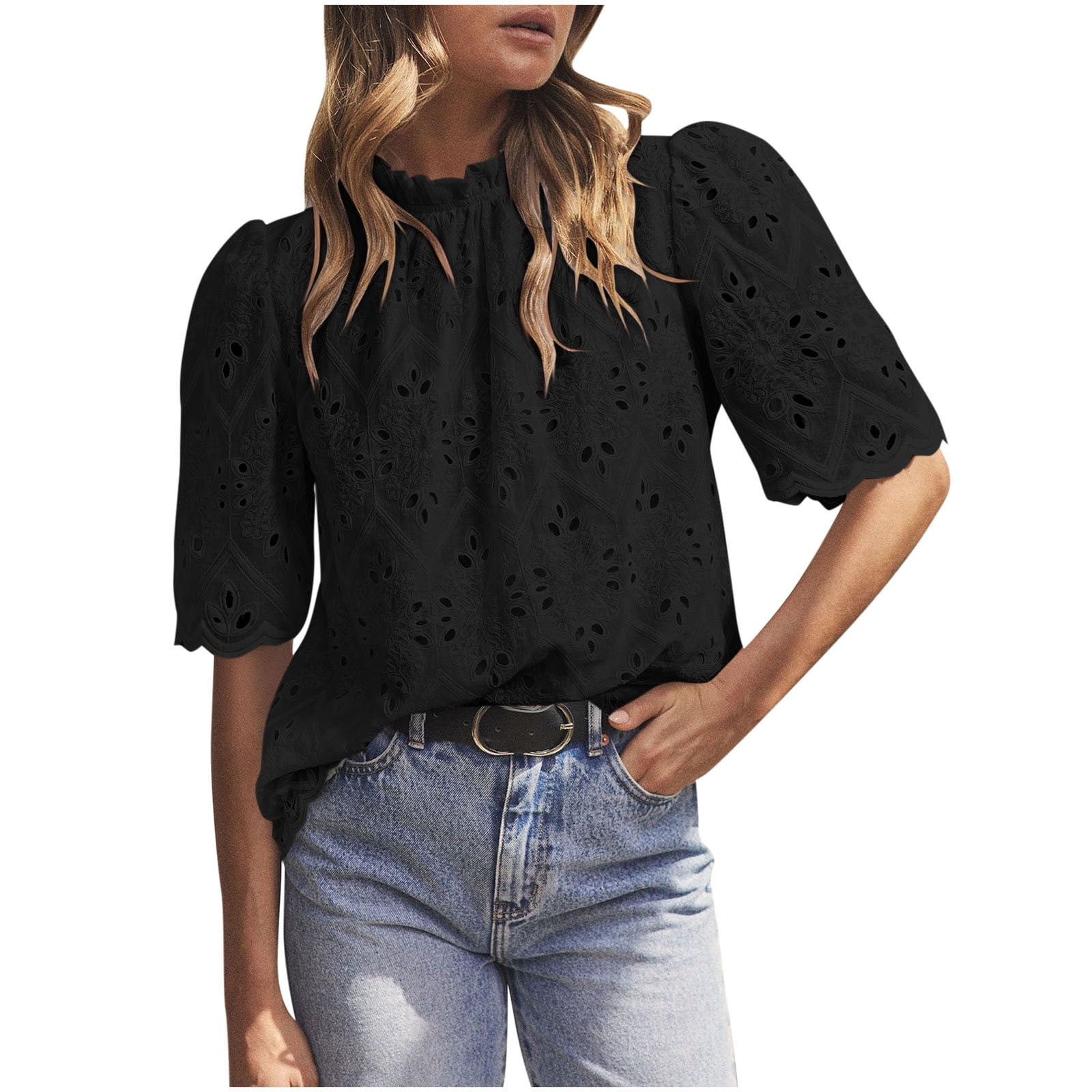 Click here for Akoee Dressy Eyelet Tops Womens High Neck Puff Sho... prices