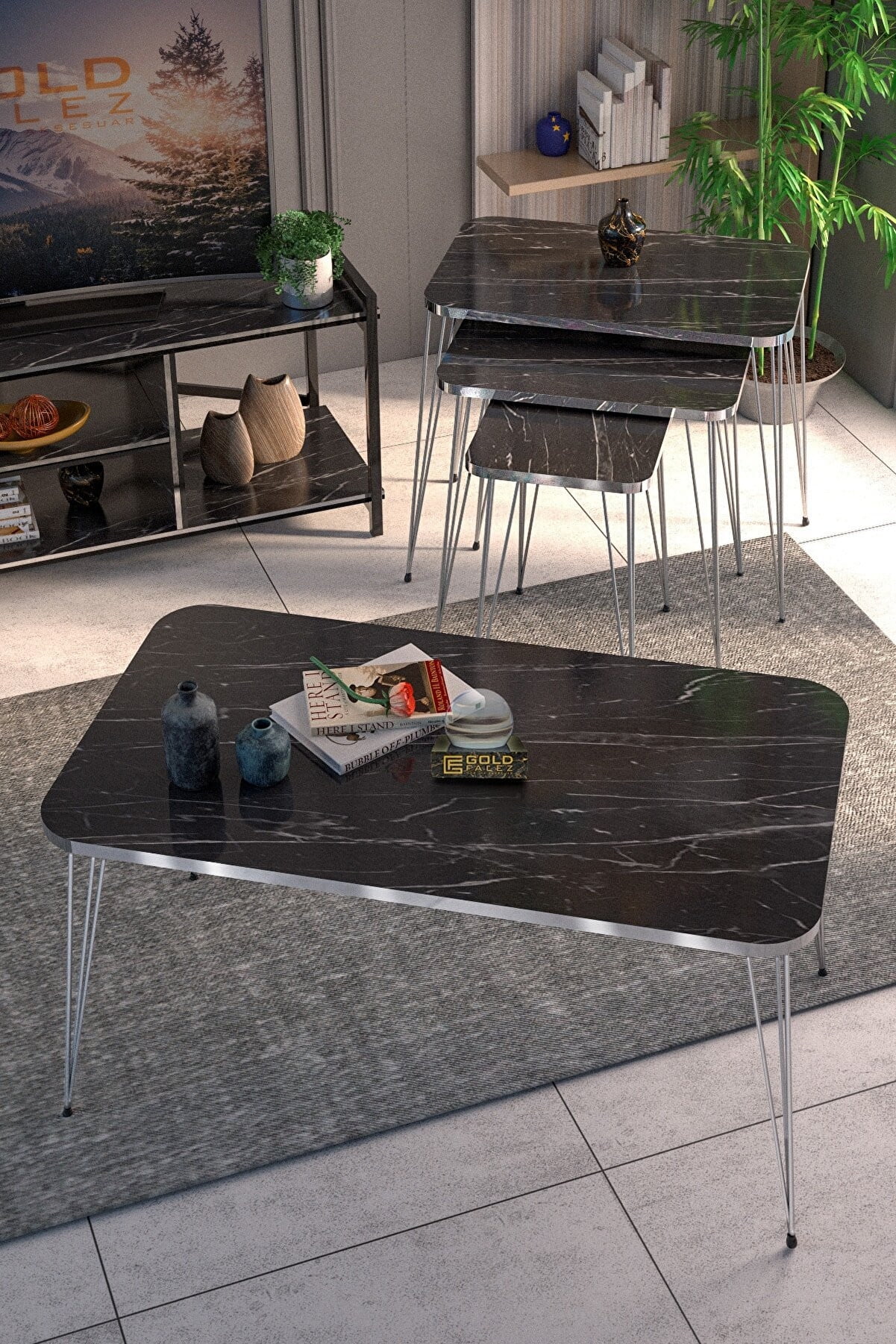 Black Marble Coffee Table Set with 4 PCS,Rectangular Set With 3 Modern ...