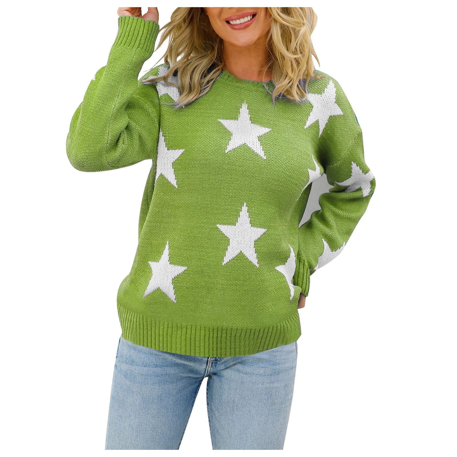 Womens Stars Graphic Printed Sweaters Slim Fitting Long Sleeve Pullover ...