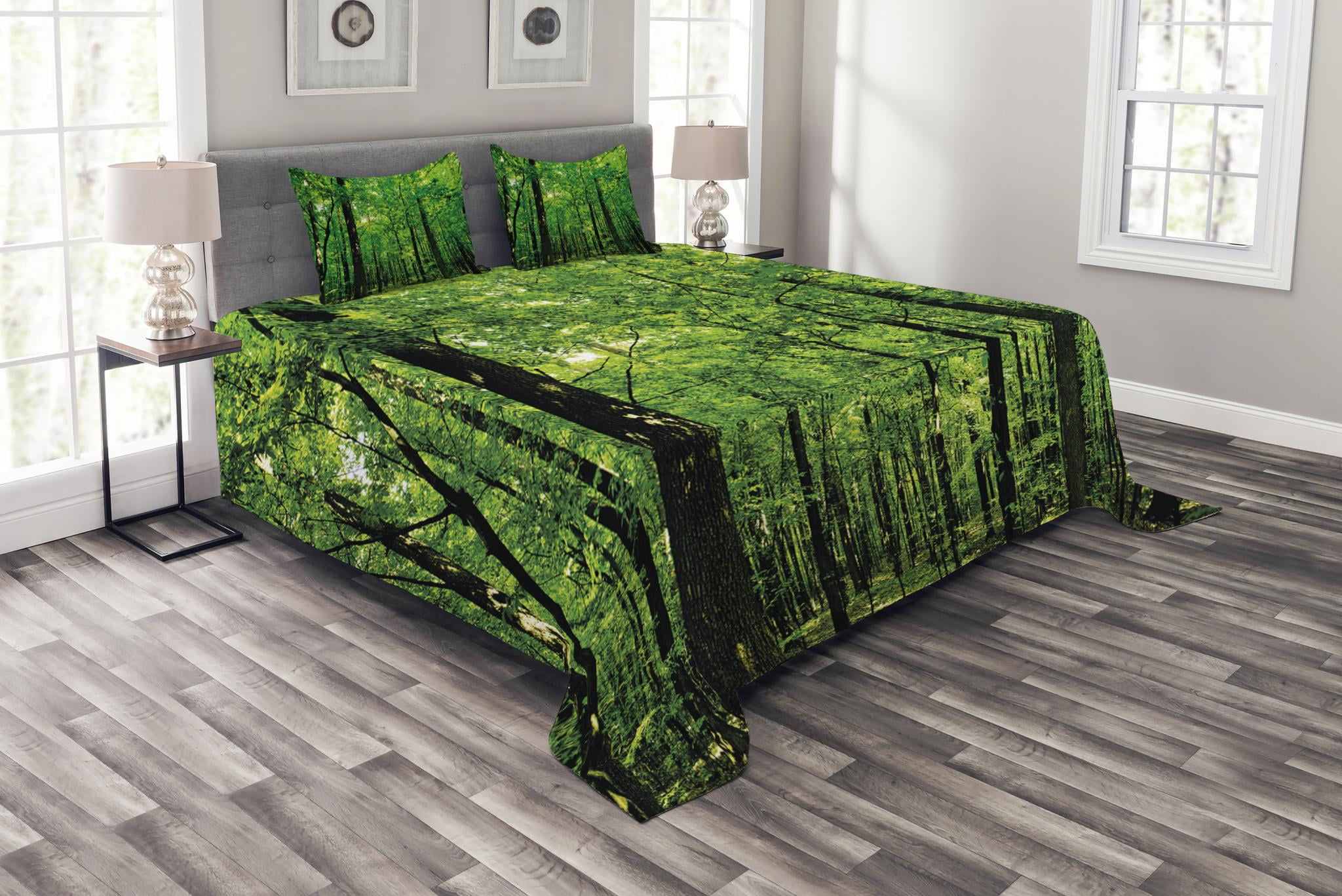 Nature Bedspread Set Queen Size, Woodland Tree Forest Jungle in Sunny ...