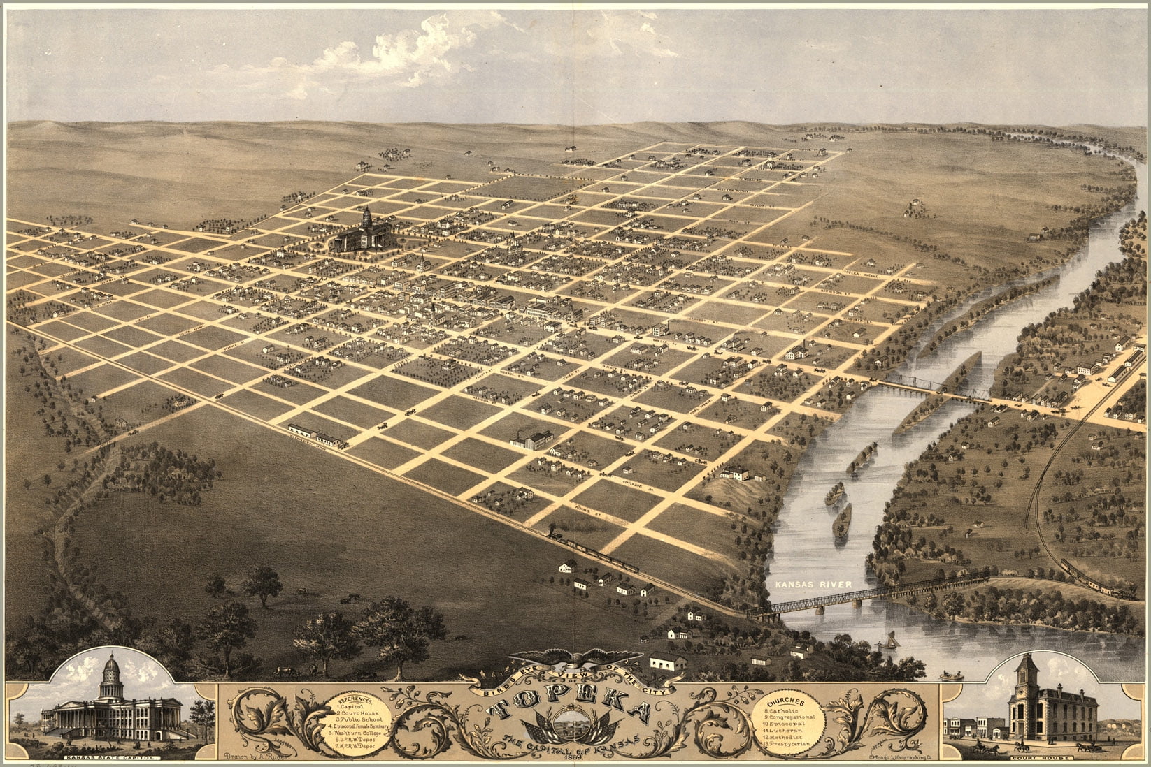 24"x36" Gallery Poster, birdseye view map of Topeka, Kansas 1869 ...