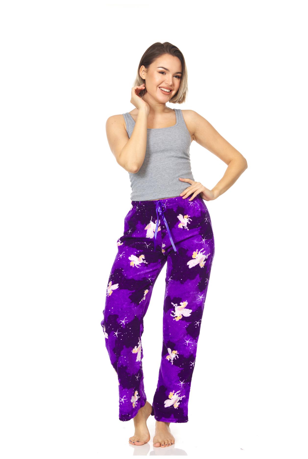 Women's Super-Soft Plush Fleece Pajama Bottoms/Printed Lounge Pants, Purple Unicorn - Medium ...