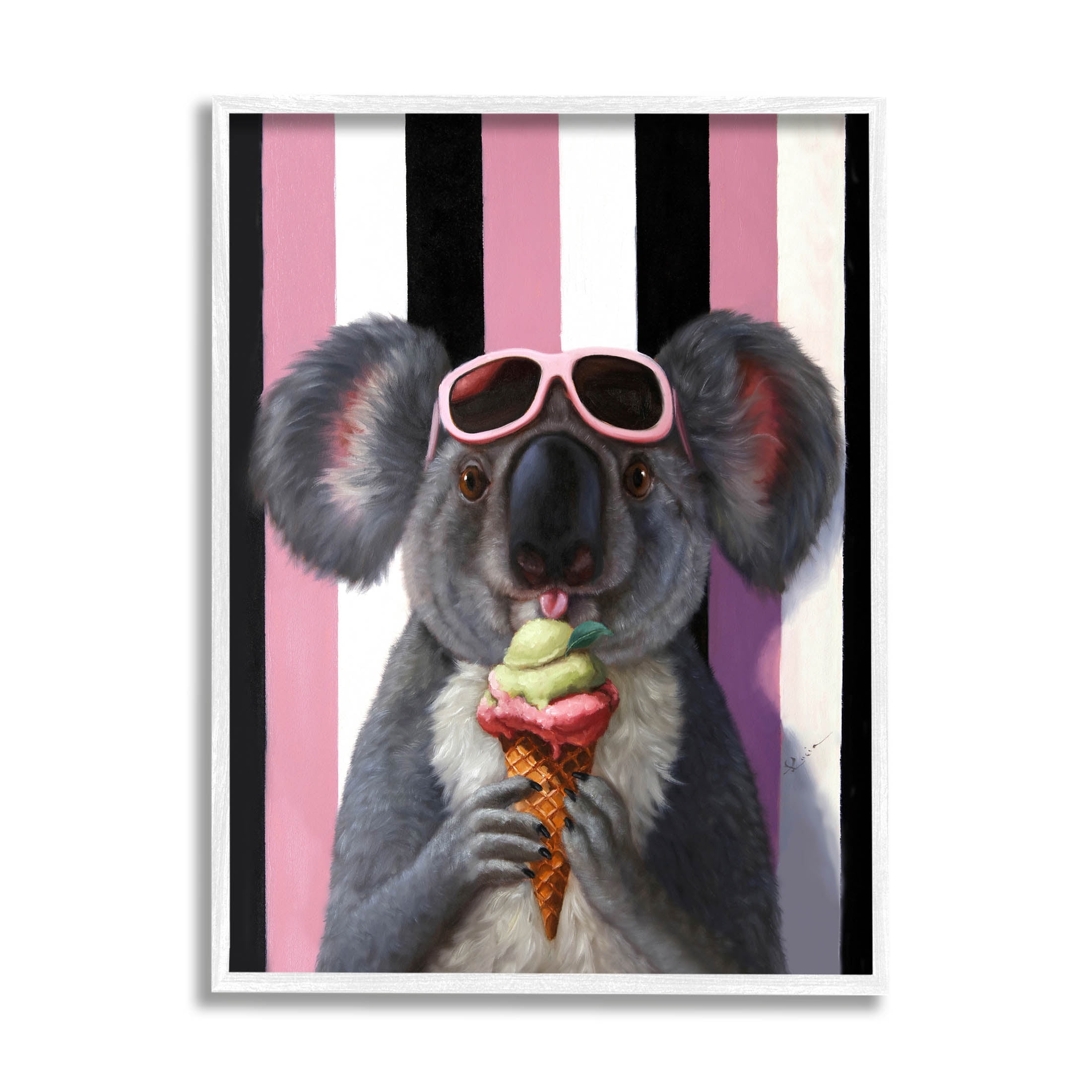 Stupell Industries Happy Koala Ice Cream Stripes Painting White Framed ...