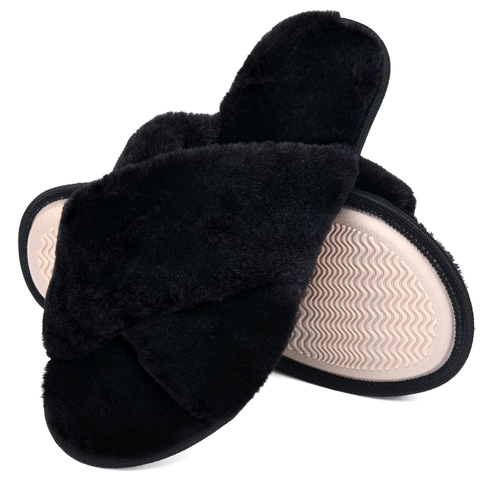 LORDFON Open Toe Cross Band Womens House Slippers Fluffy Indoor Slip On Slippers - Walmart.com