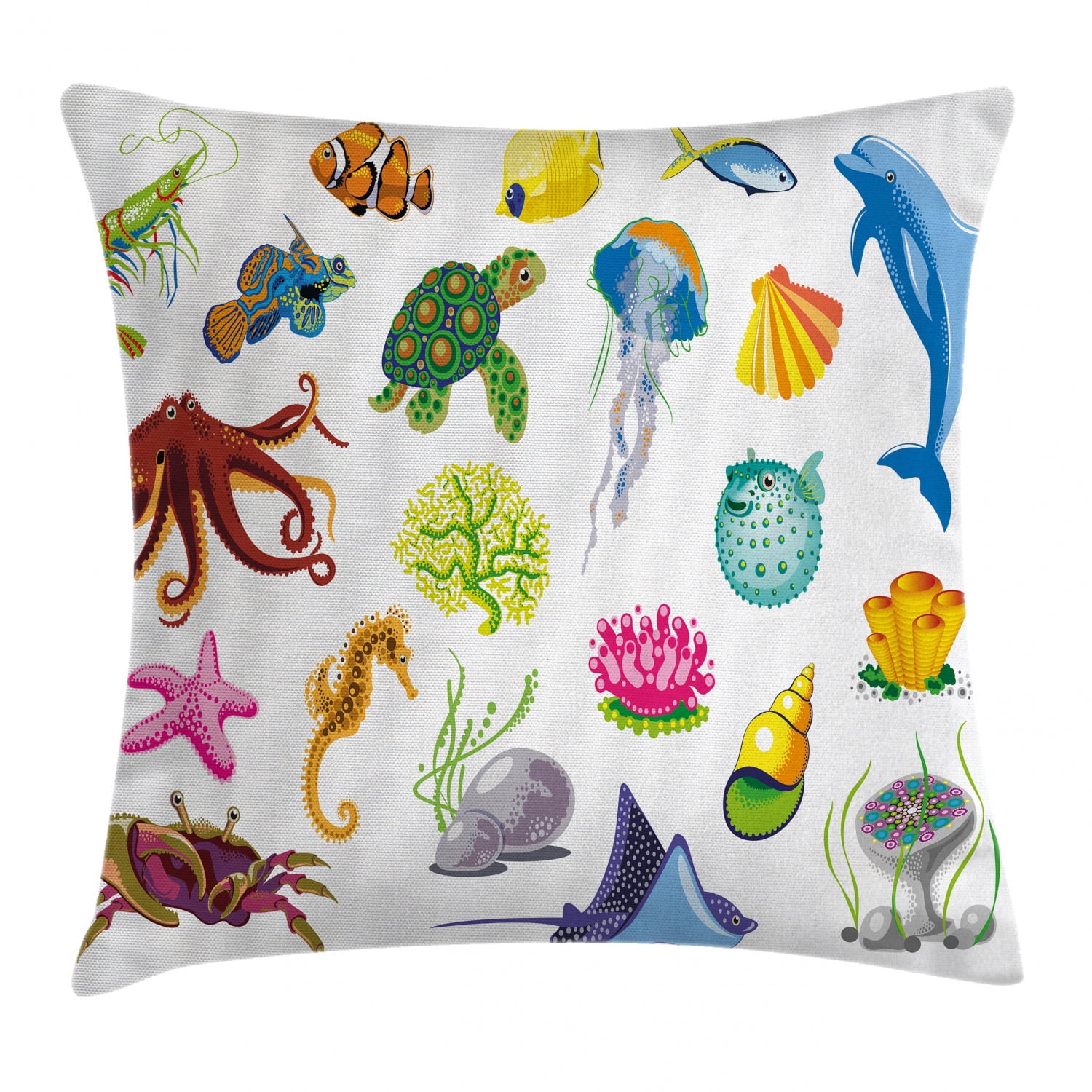 Marine Throw Pillow Cushion Cover, Sea Animals Octopus Dolphin Shells ...