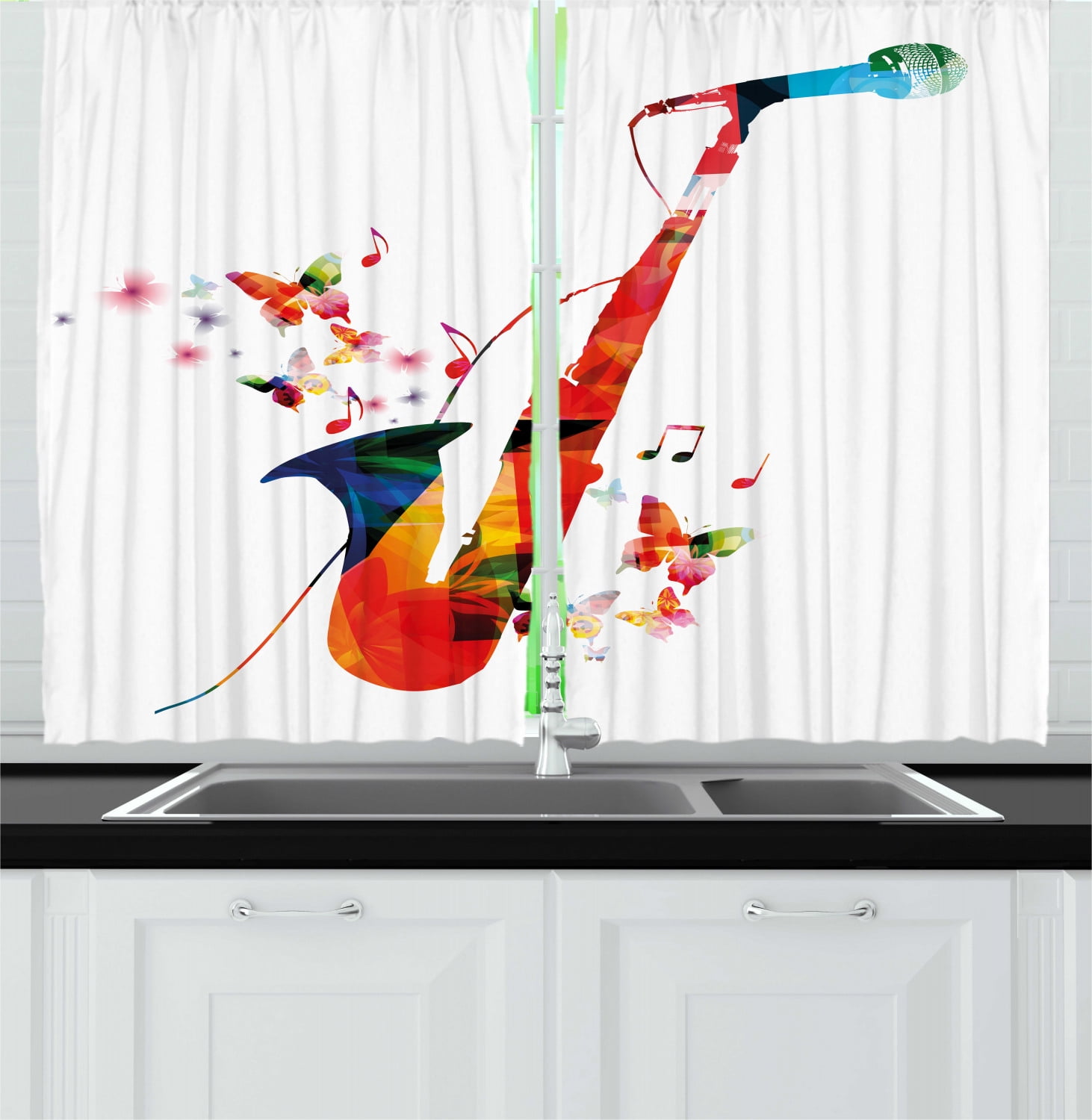 Music Curtains 2 Panels Set, Jazz Theme Colorful Saxophone with ...