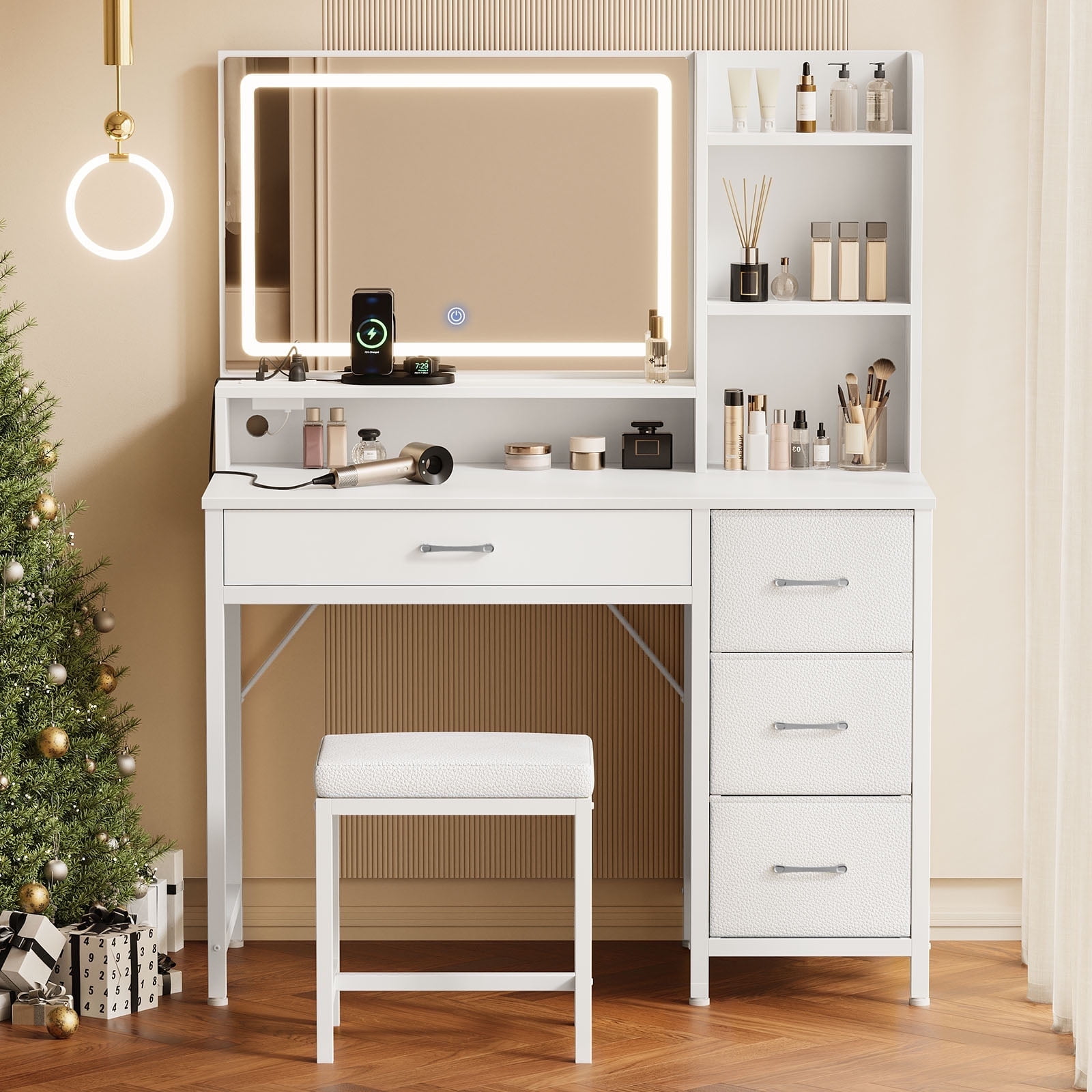 Greenstell Modern Vanity Desk with Mirror and Lights & Power Outlets ...
