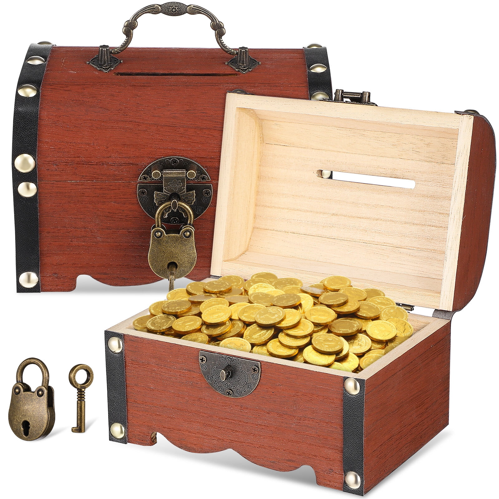 2 Pcs Wooden Treasure Chest Boxes with Lock and Key Small Money Boxes ...