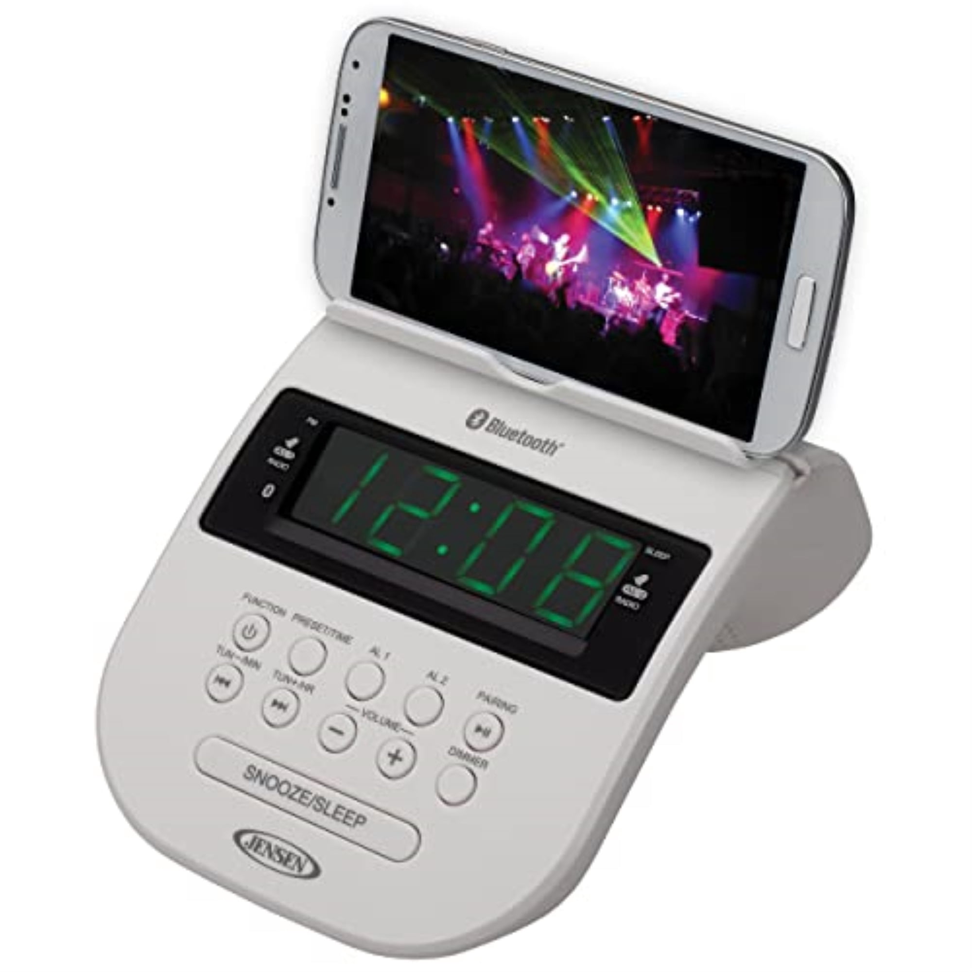6035447 BLUETOOTH CLOCK RADIO Jensen White Bluetooth Clock Radio LED ...