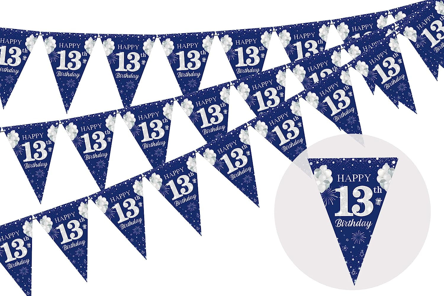 3 Pack 13th Happy Birthday Bunting Banner, 36 Pieces Triangle Flag Navy ...