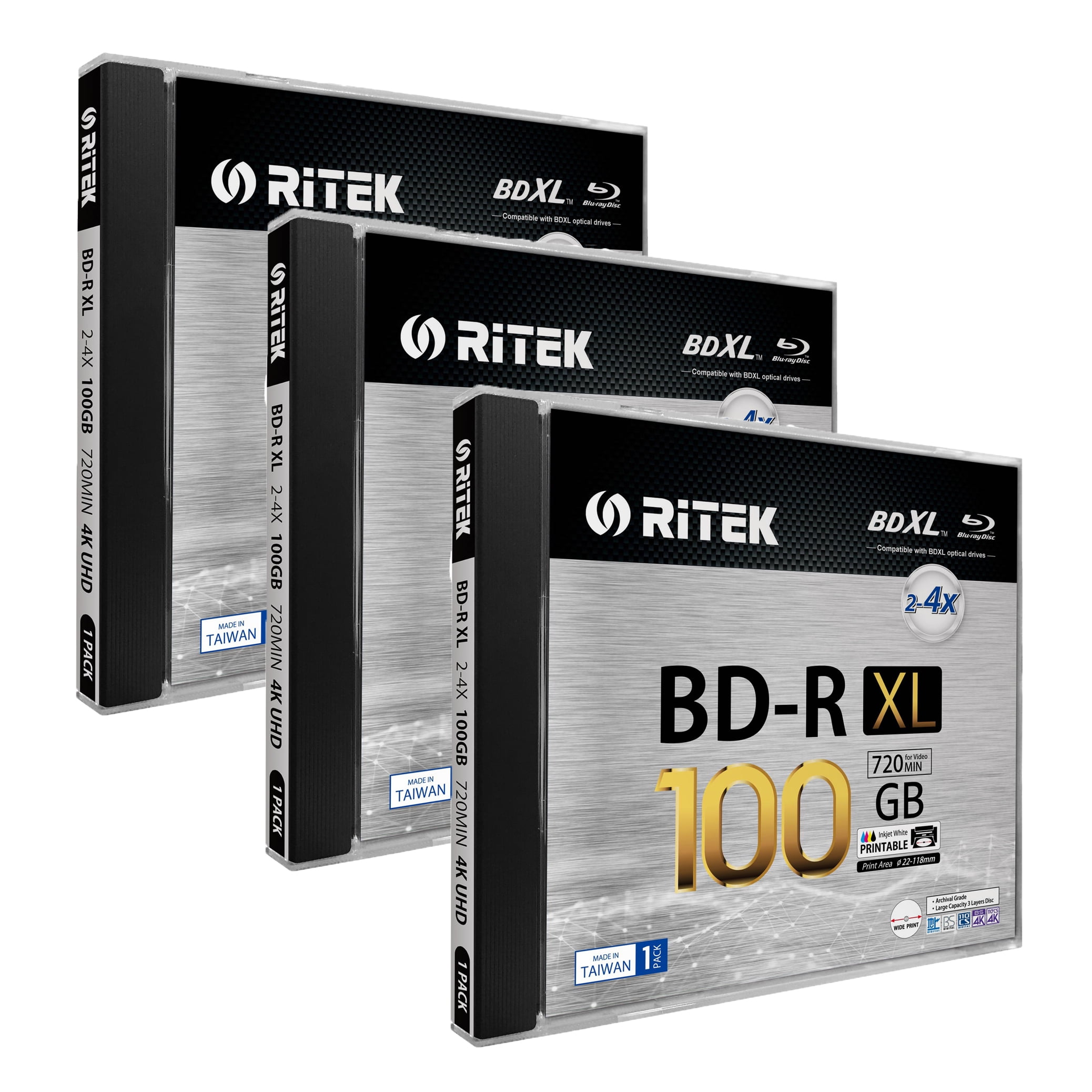 3 Pack Ritek BD-R XL BDXL 100GB Archival Grade Triple Layers 4X White Inkjet Hub Printable Blank ...